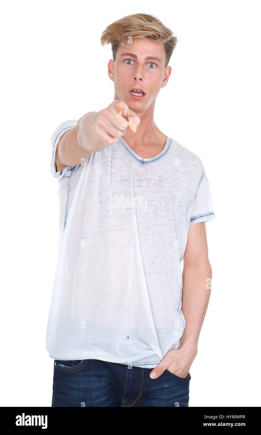 Portrait of a young man pointing finger isolated on white Stock Photo ...