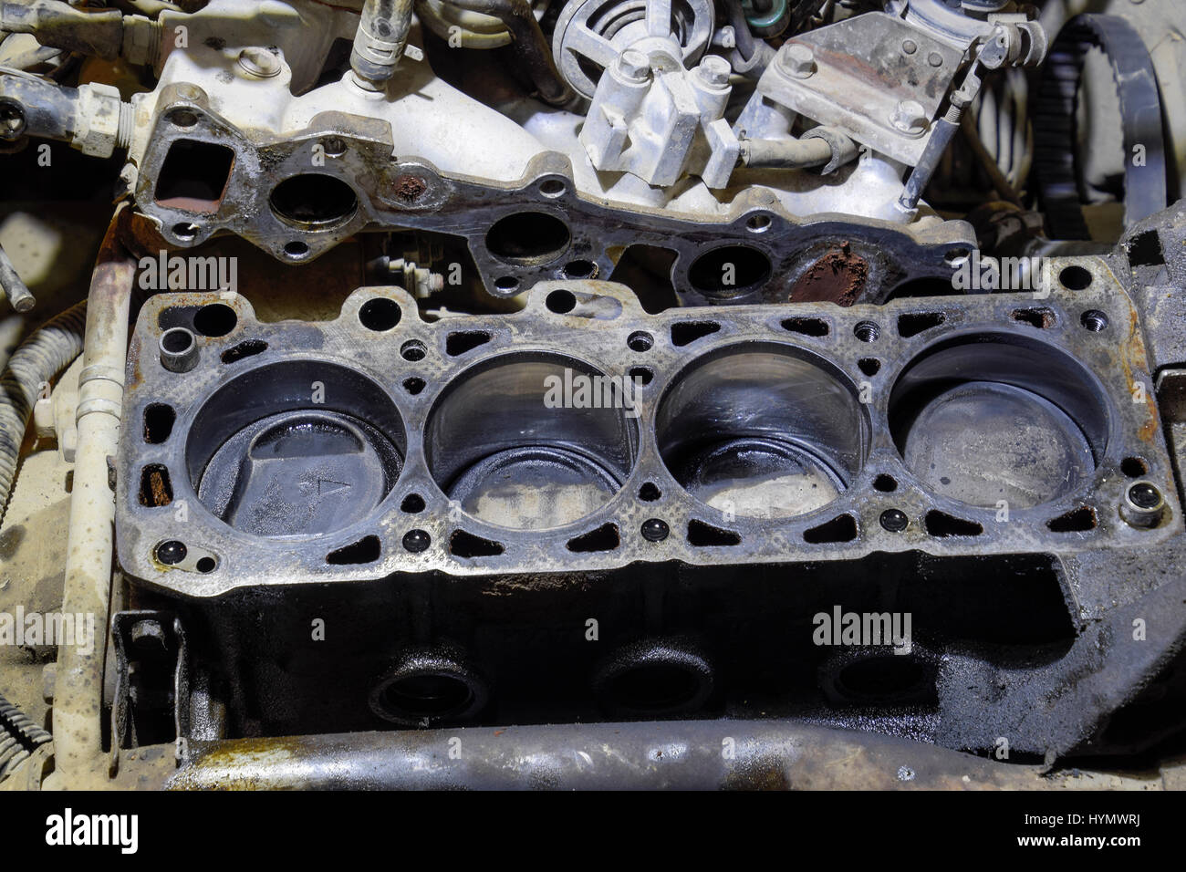 The cylinder block of the four-cylinder engine. Disassembled motor ...