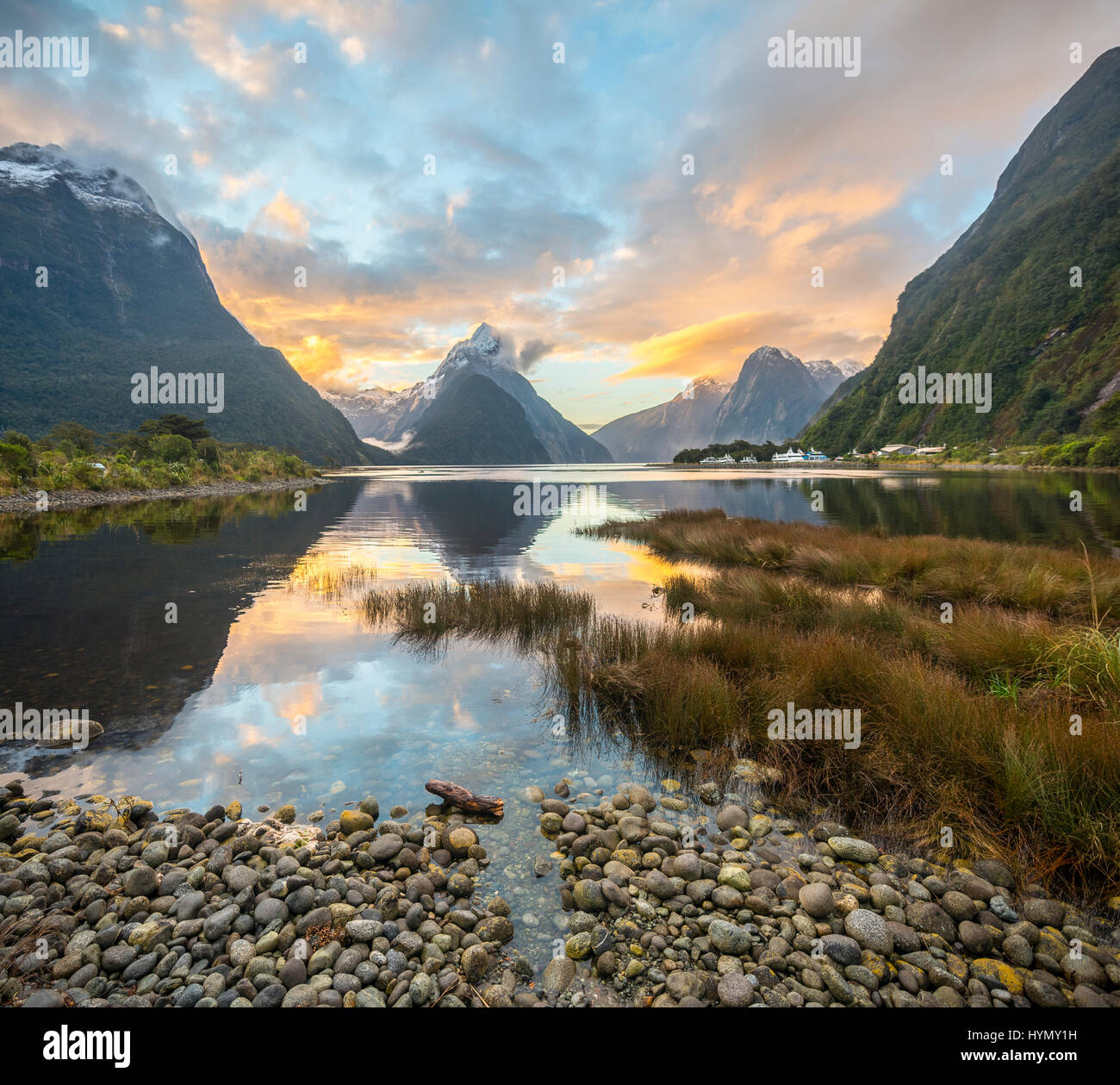 Mitre Peak reflecting in the water, sunset, Milford Sound, Fiordland ...