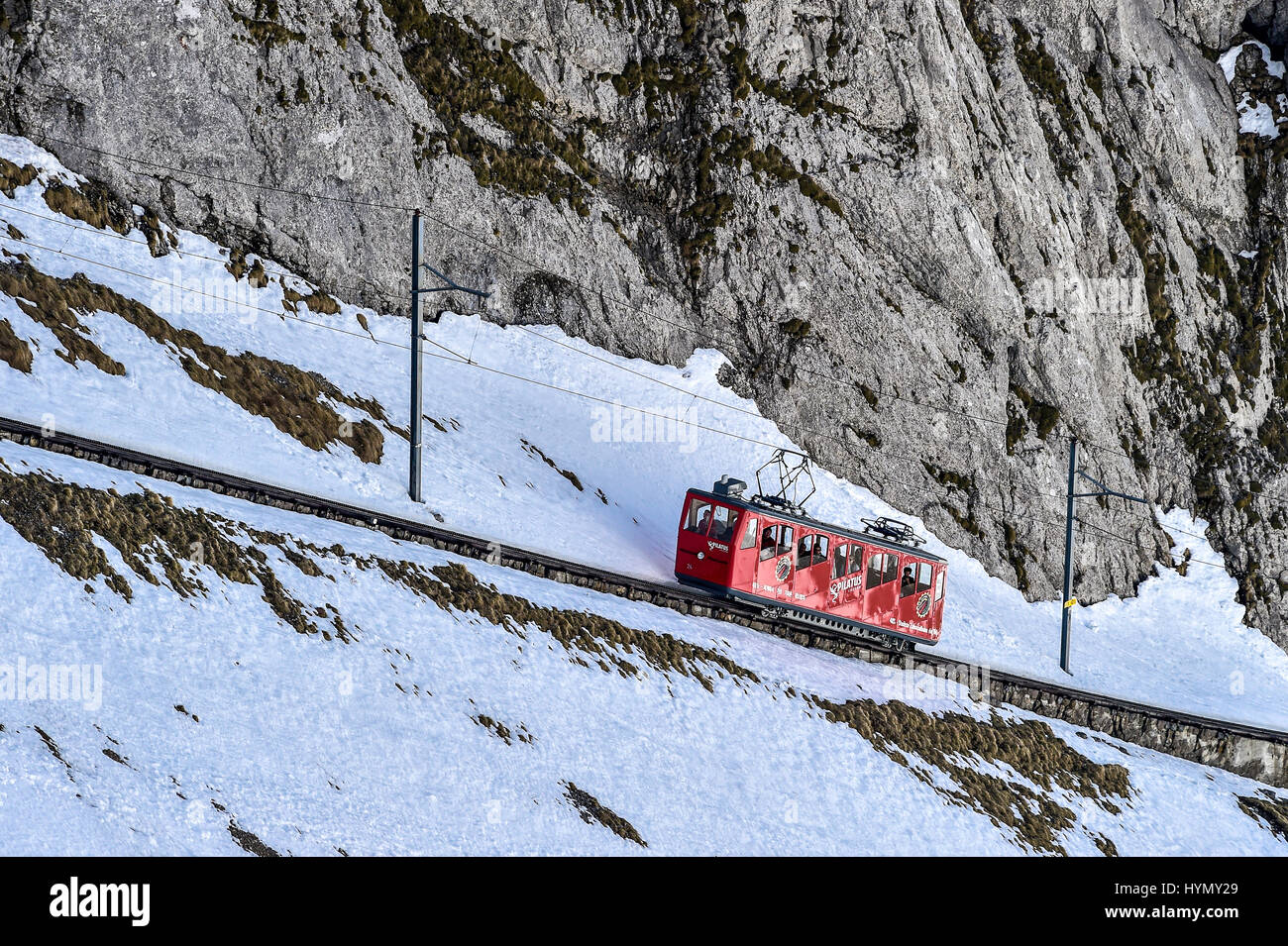 Rack railway going up Mount Pilatus in winter, steepest rack railway in ...