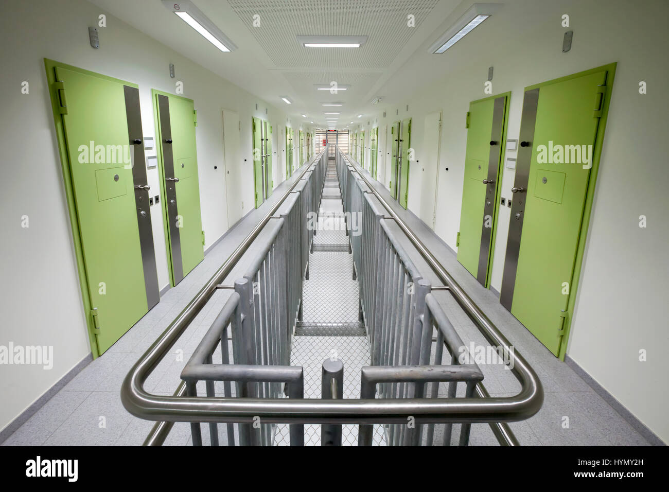 Corridor with doors, jail, Düsseldorf prison, North Rhine-Westphalia ...