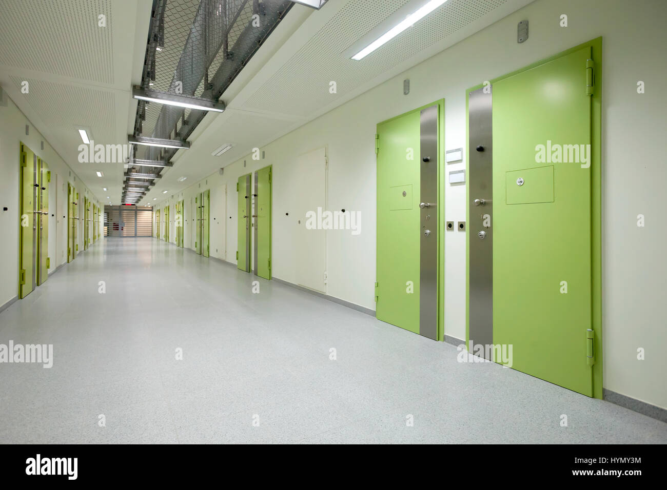 Corridor with doors, jail, Düsseldorf prison, North Rhine-Westphalia ...