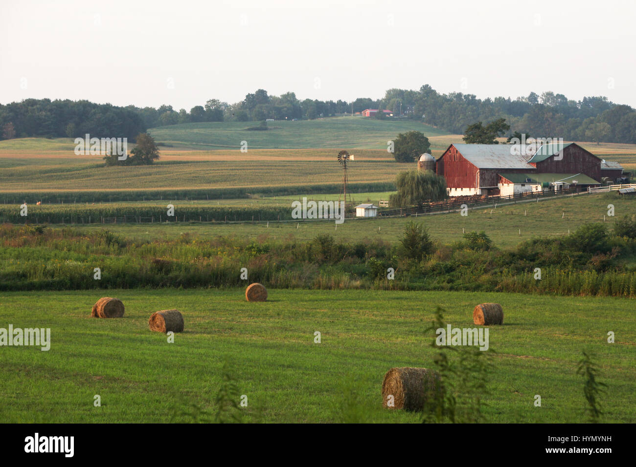 In rural Amish farmland, hay bays sit in a field next to a farm Stock ...