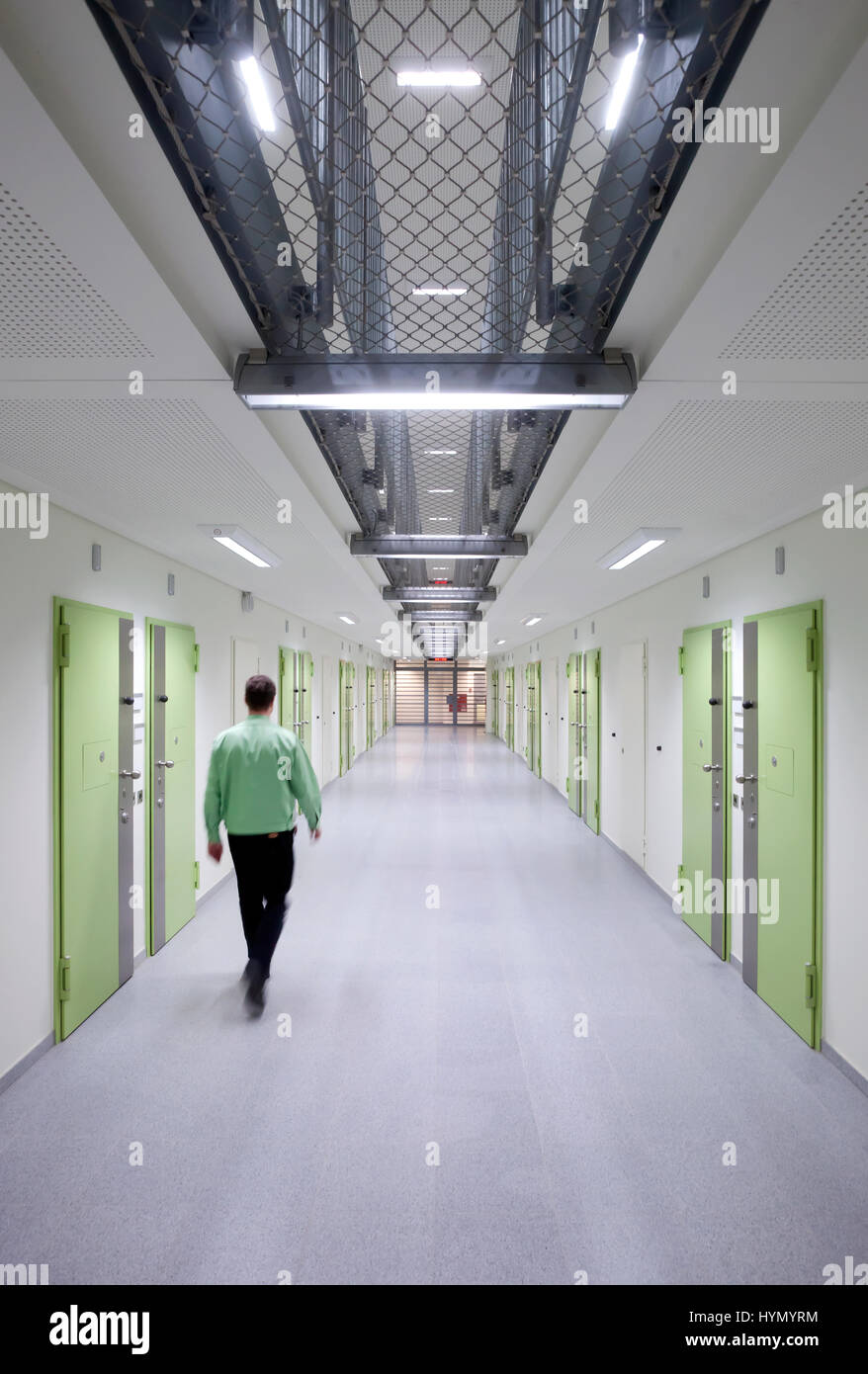 Corridor with doors, jail, Düsseldorf prison, North Rhine-Westphalia ...