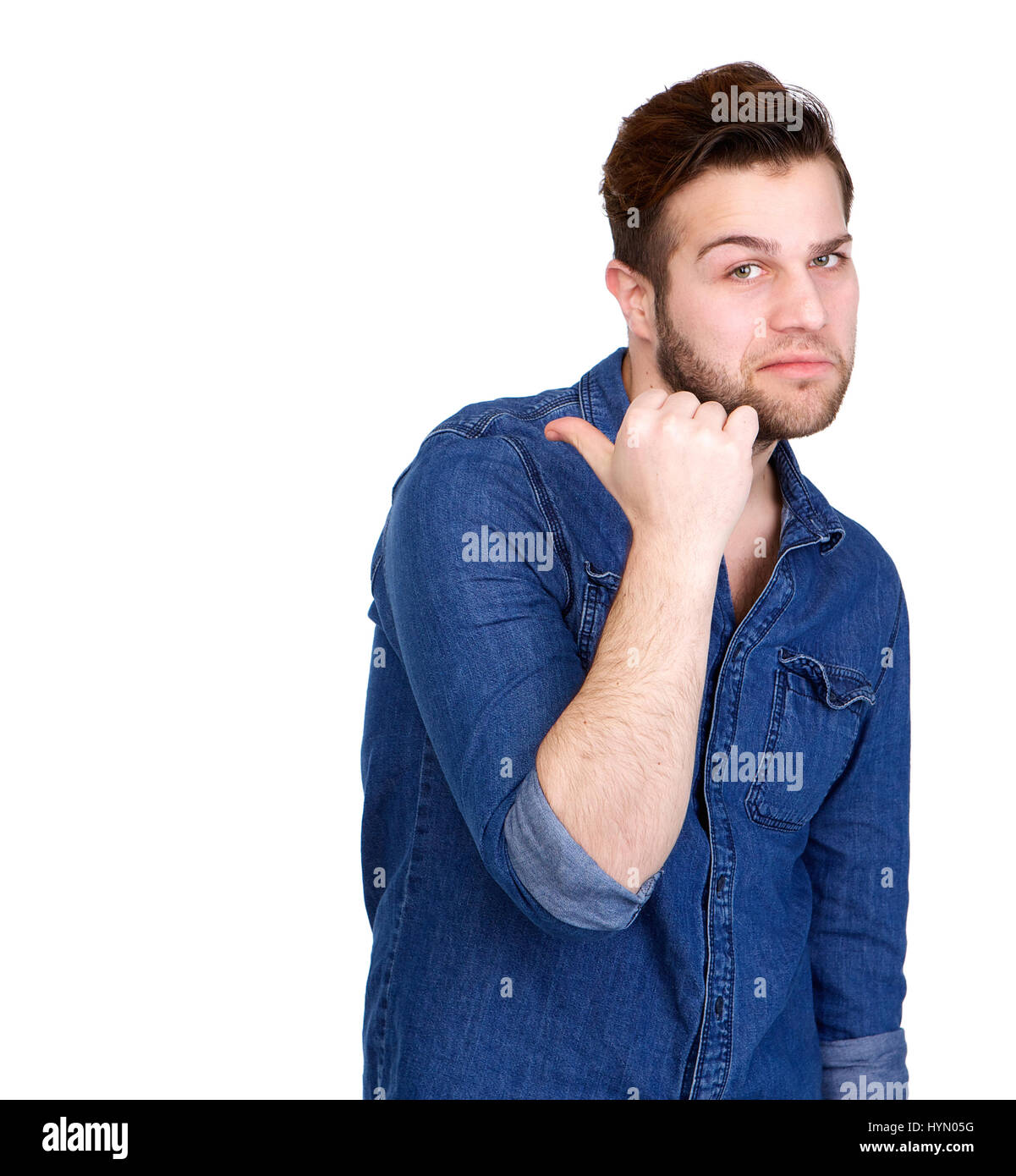 Pointing behind with her thumb hi-res stock photography and images - Alamy