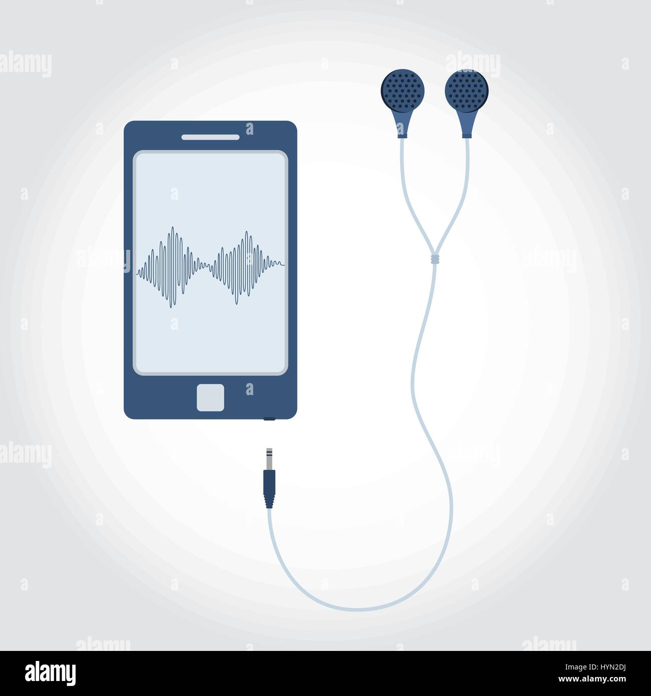 Phone and cable with plug and earphone. Sound wave symbol showing on ...