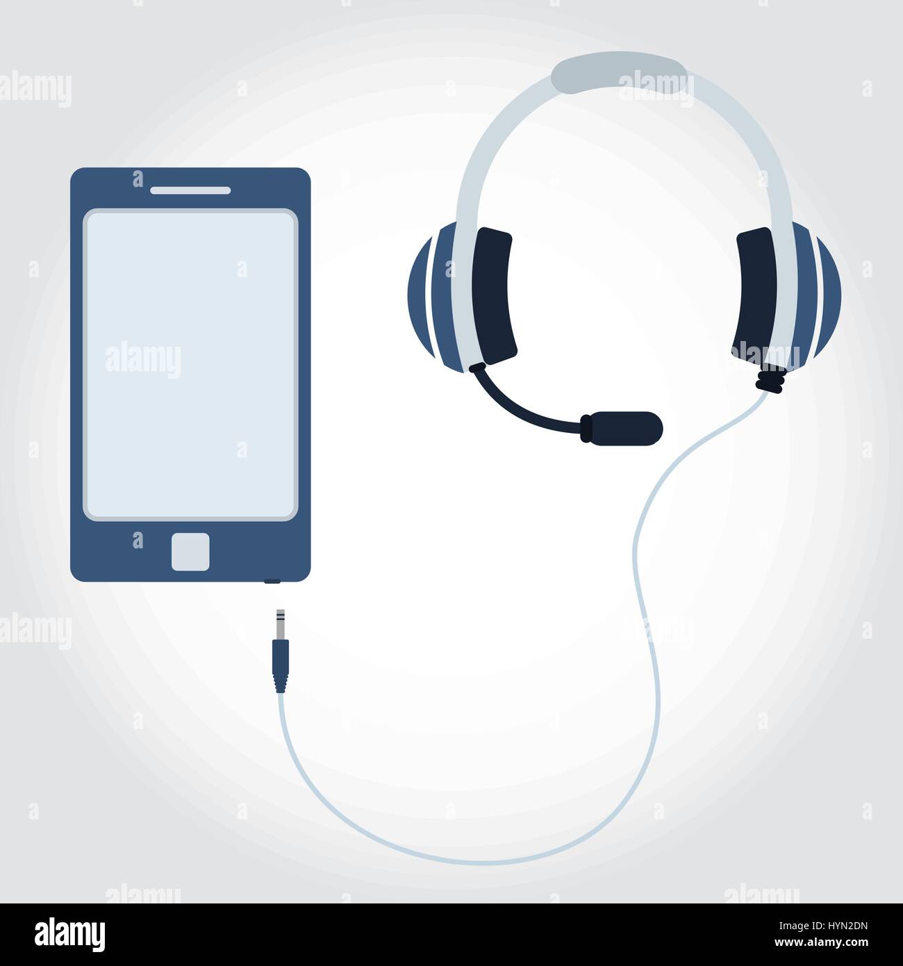 Phone and cable with headphone and microphone. Flat design. Empty space ...