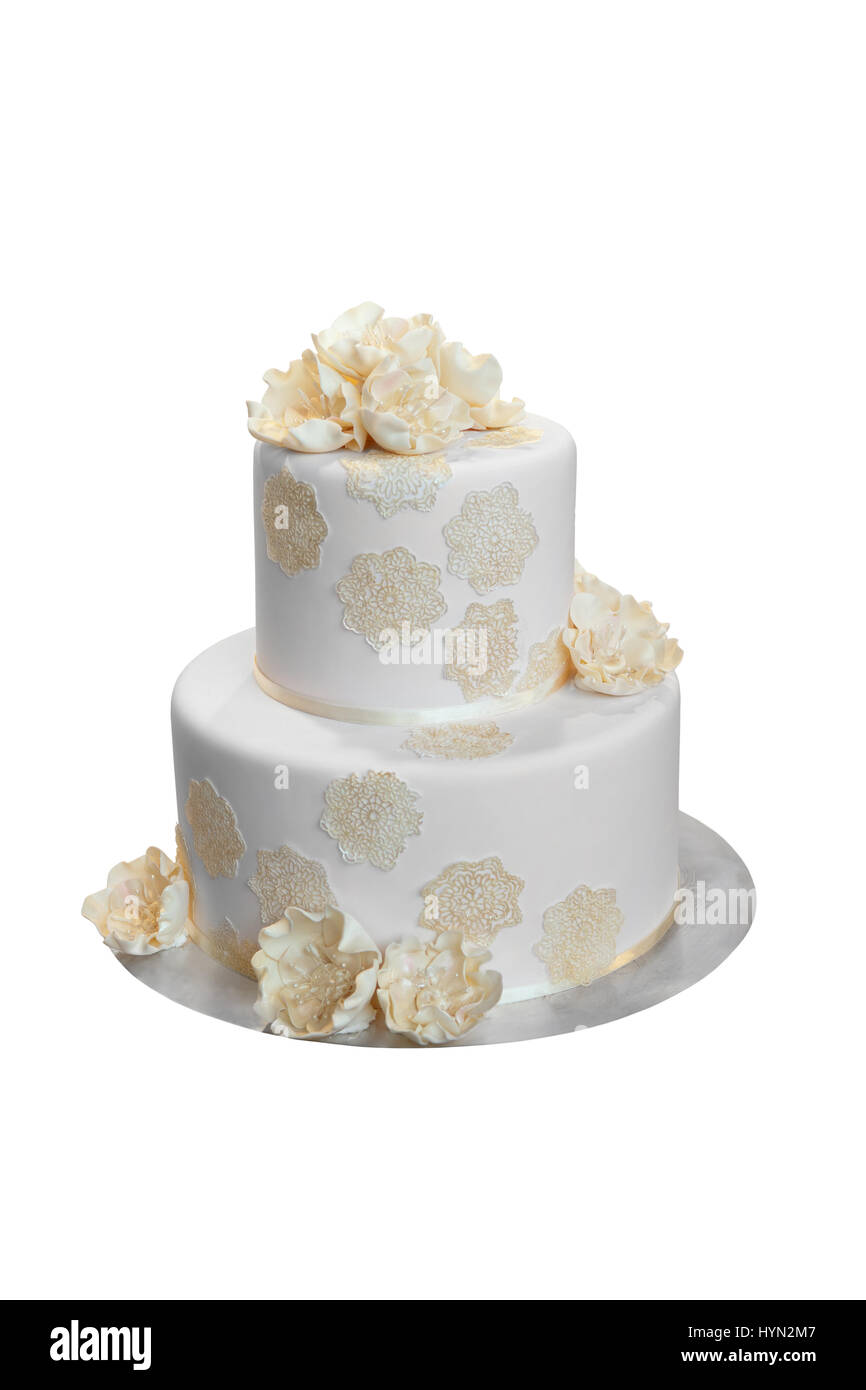 Elegant Wedding Cake with Beige flowers, isolated on white Stock Photo ...