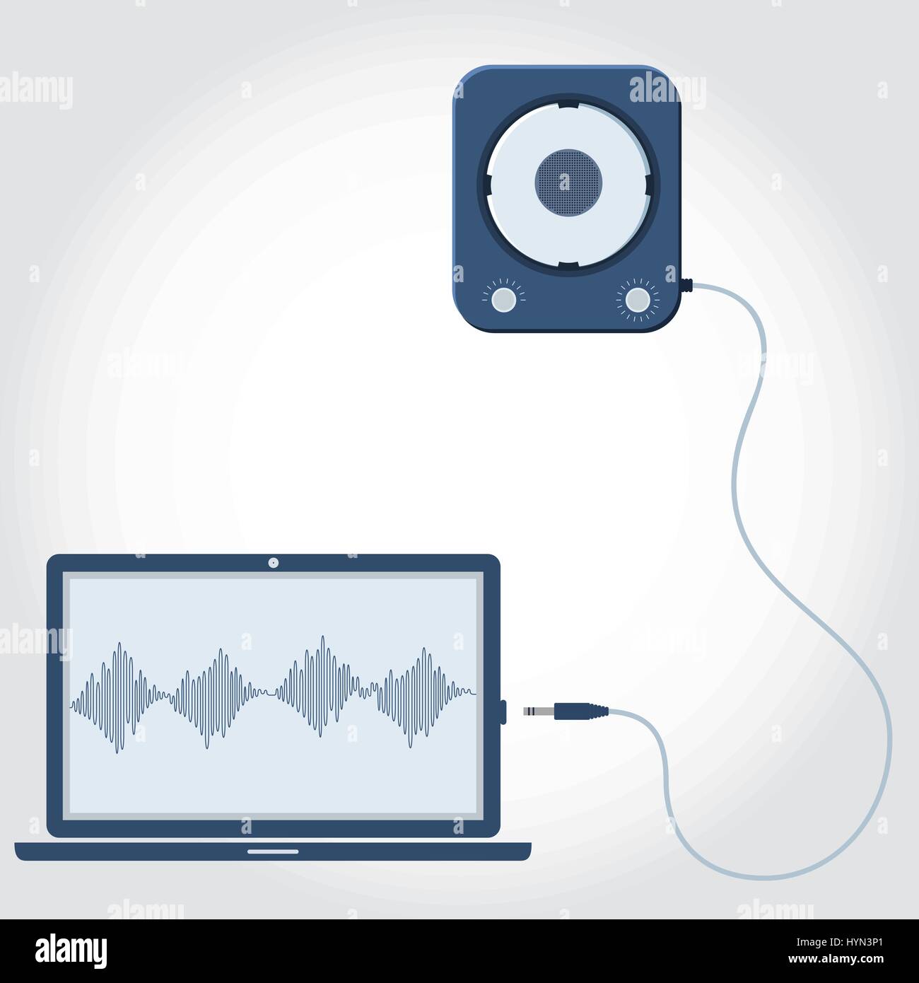 Laptop with speaker unplugged. Sound wave symbol showing on monitor ...