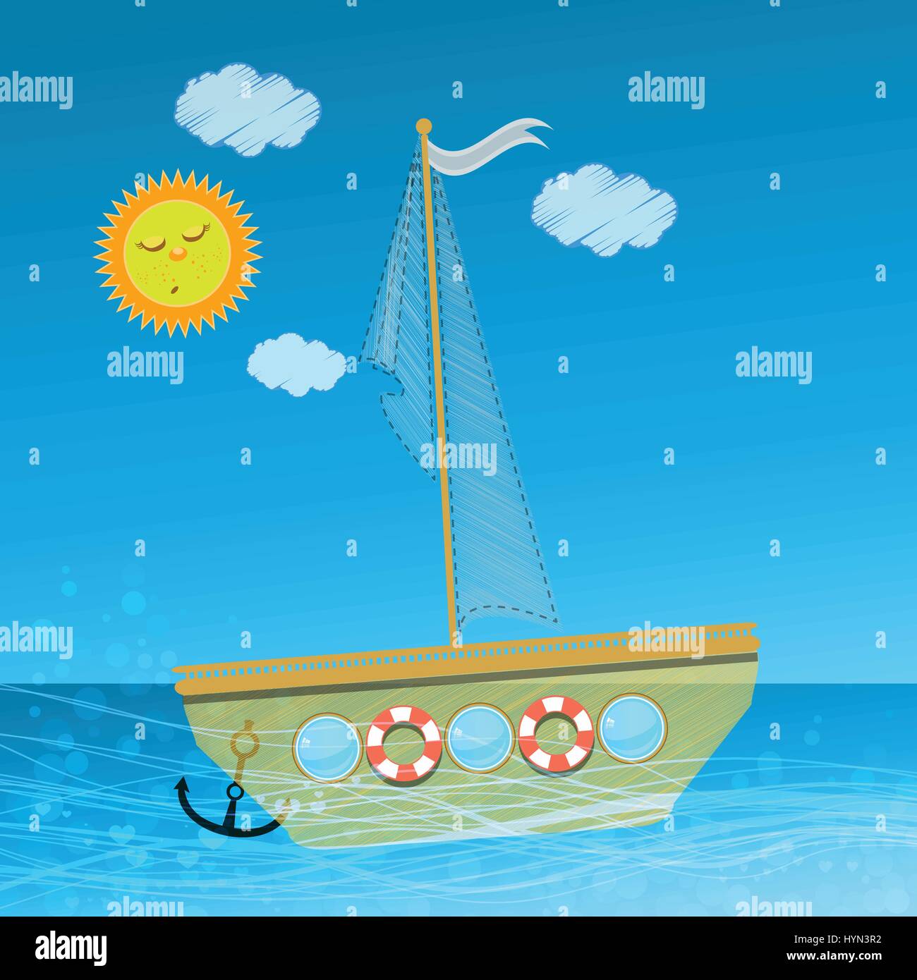 Children s illustration for your design. The ship sails sails on the ...