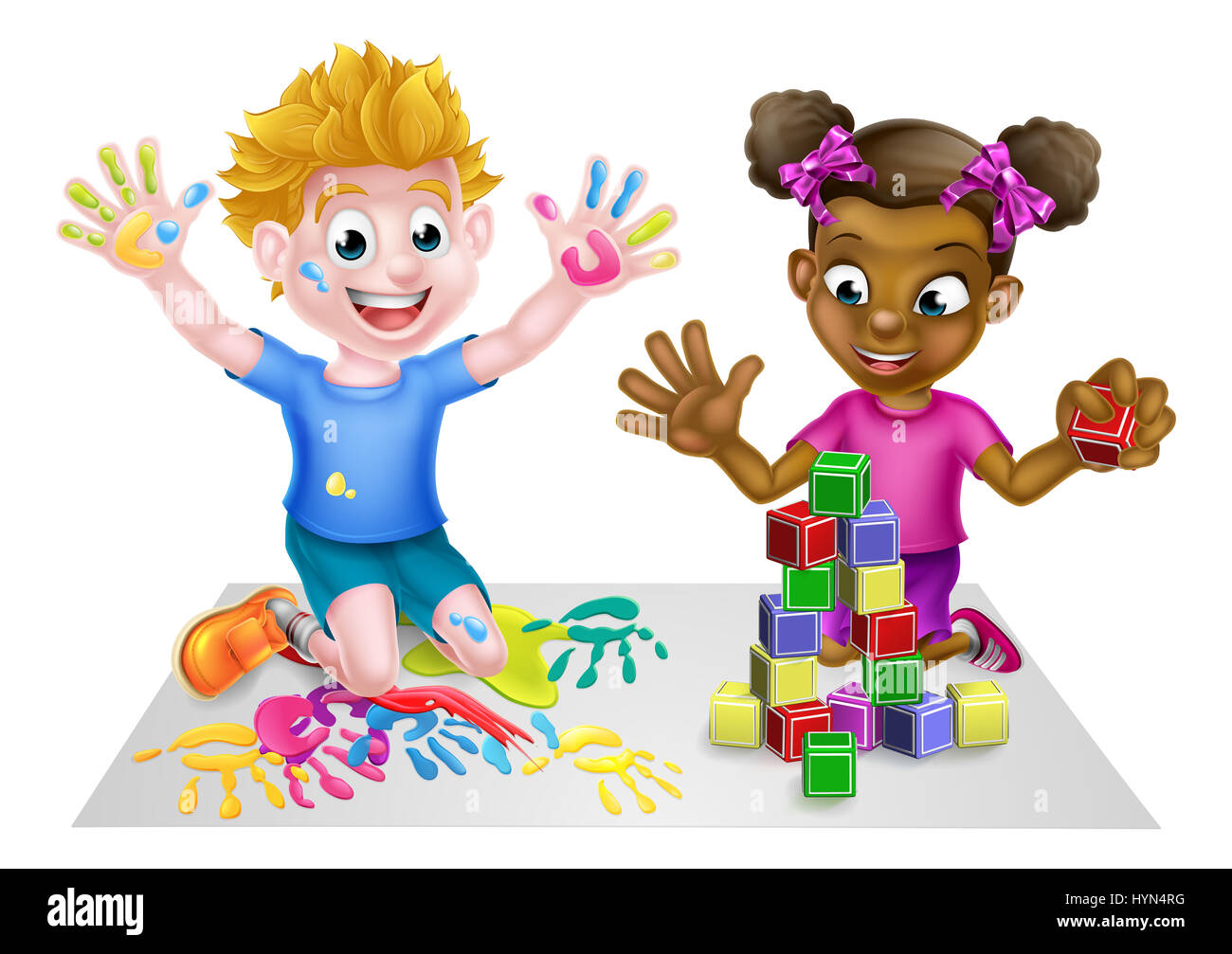 Cartoon boy and girl playing with toys, with paints and toy building ...