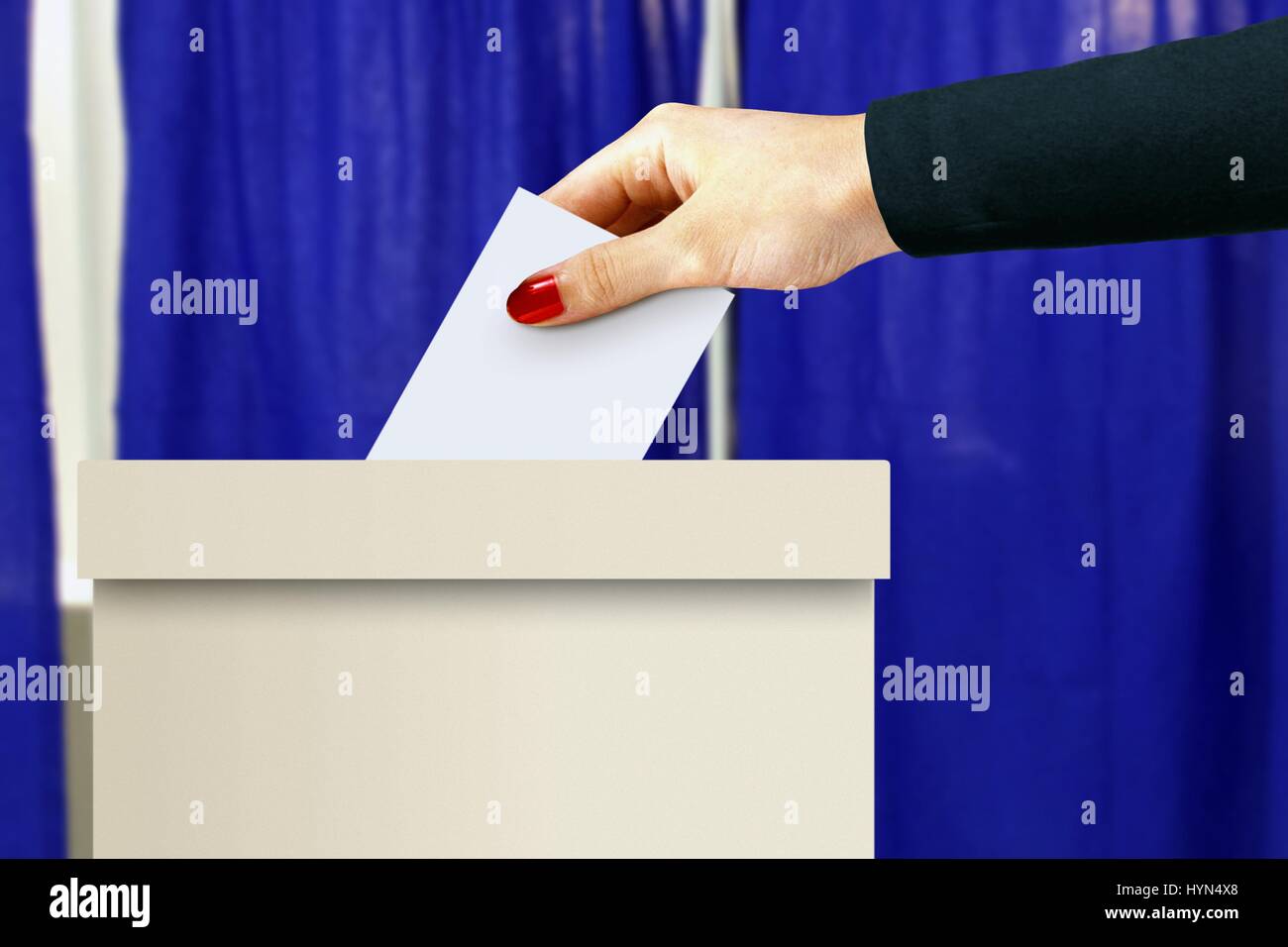 Ballot box with women hand casting a vote Stock Photo - Alamy