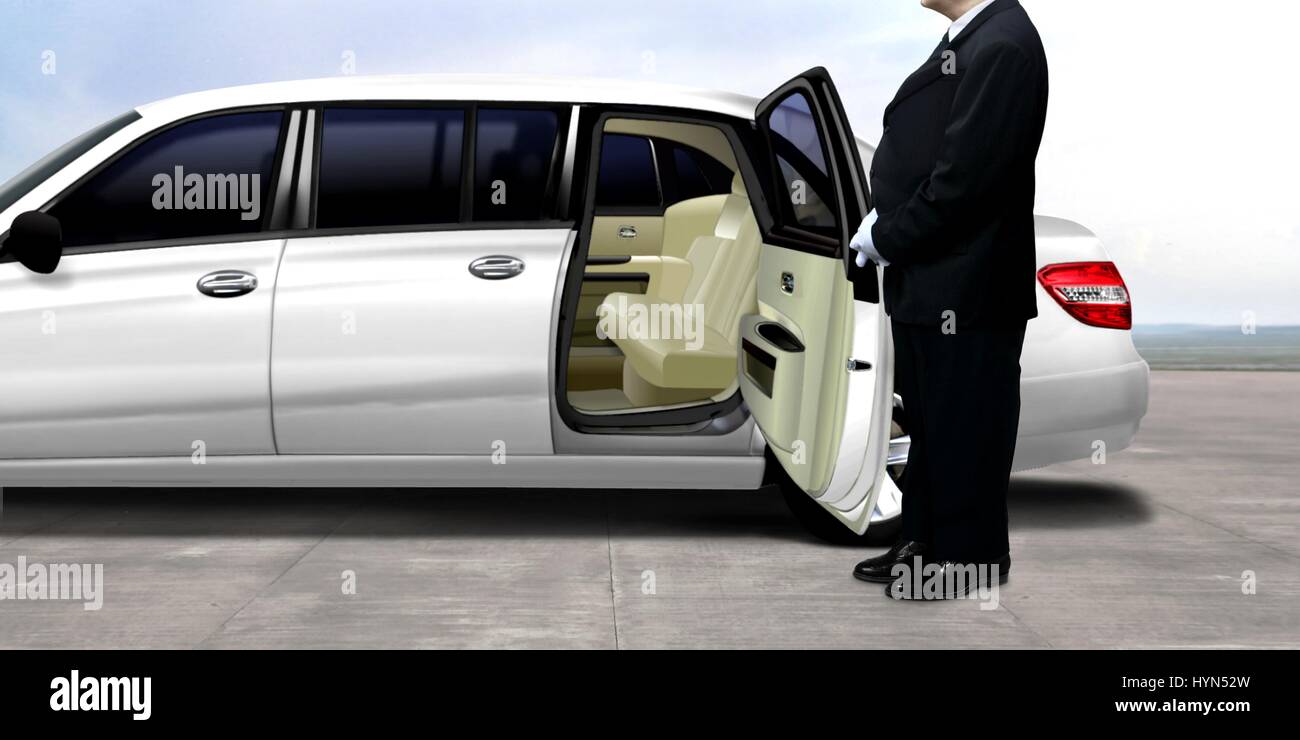 Driver waiting and standing next to the white limousine Stock Photo - Alamy