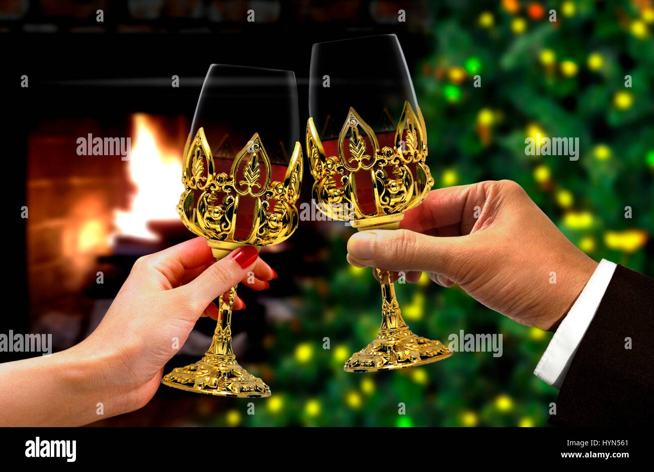 Hands toast for celebration with blurry background Stock Photo - Alamy