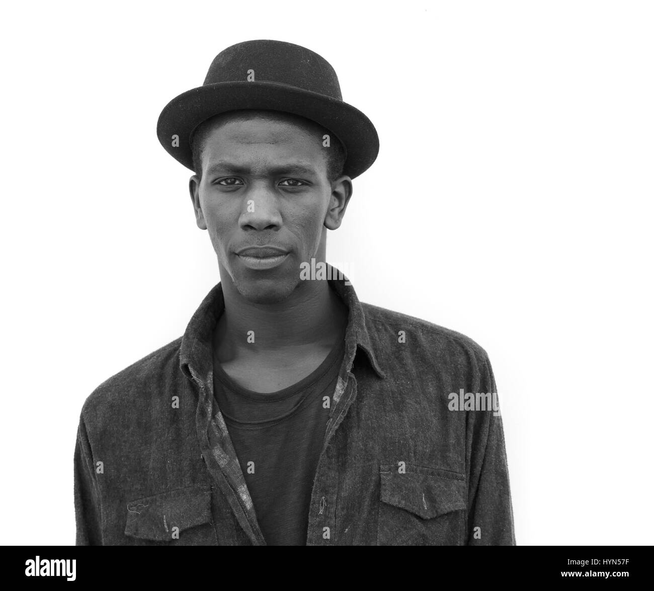 Close up black and white portrait of a handsome young black man with ...
