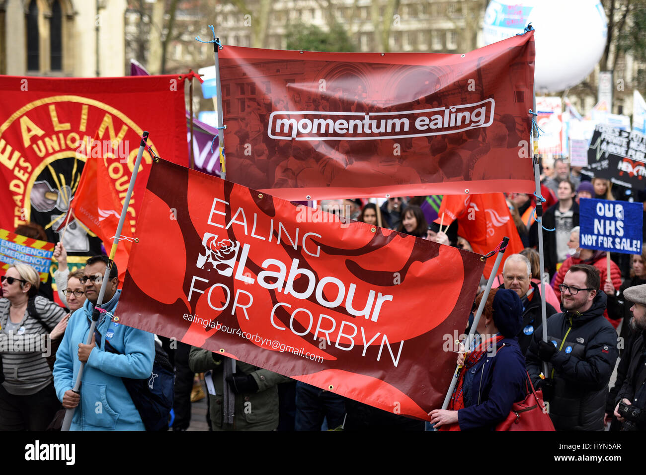 Ealing Labour party banner and Momentum Ealing banner during the 'Our ...