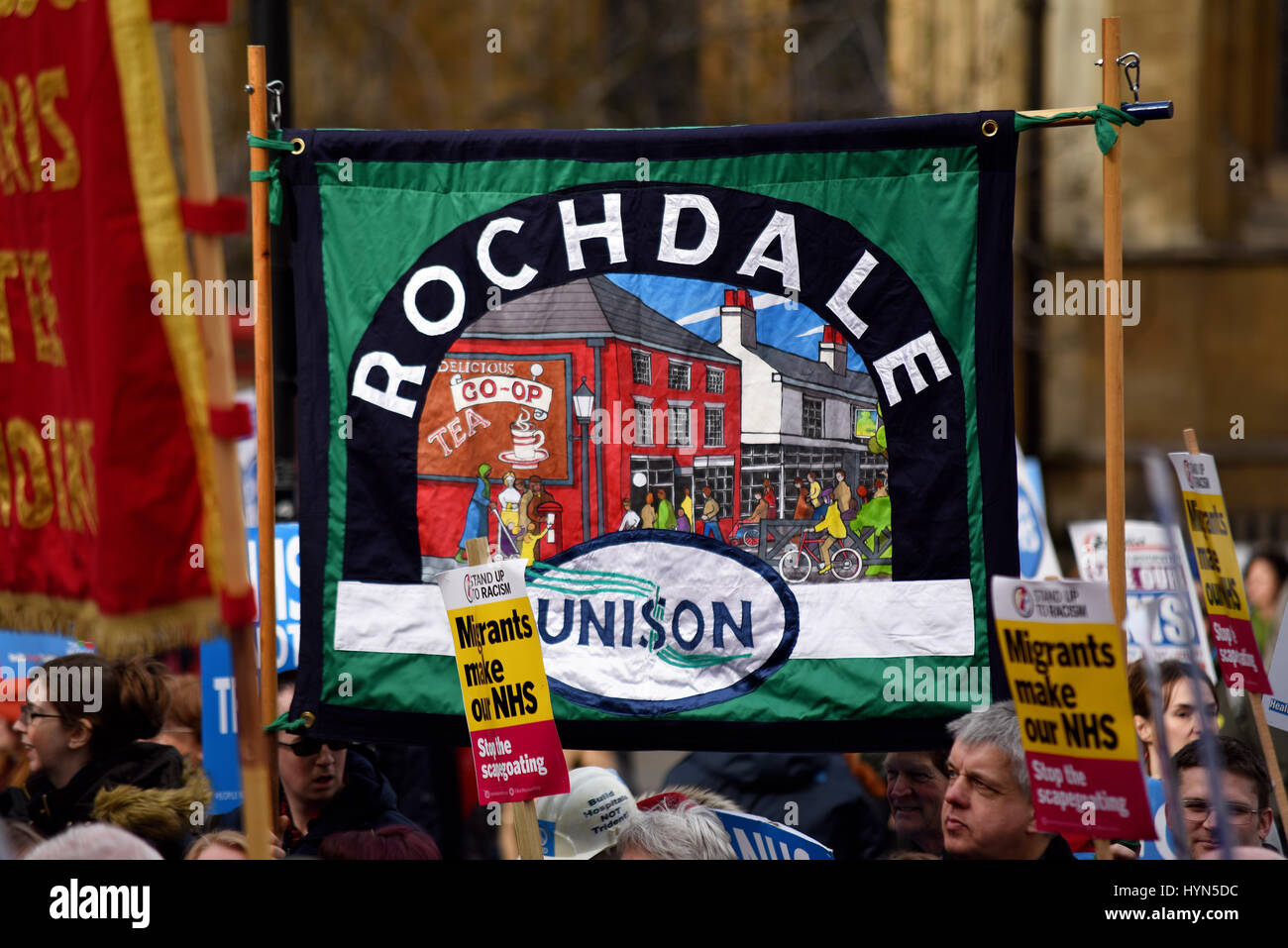 Rochdale branch of Unison banner during the 'Our NHS' support for the ...