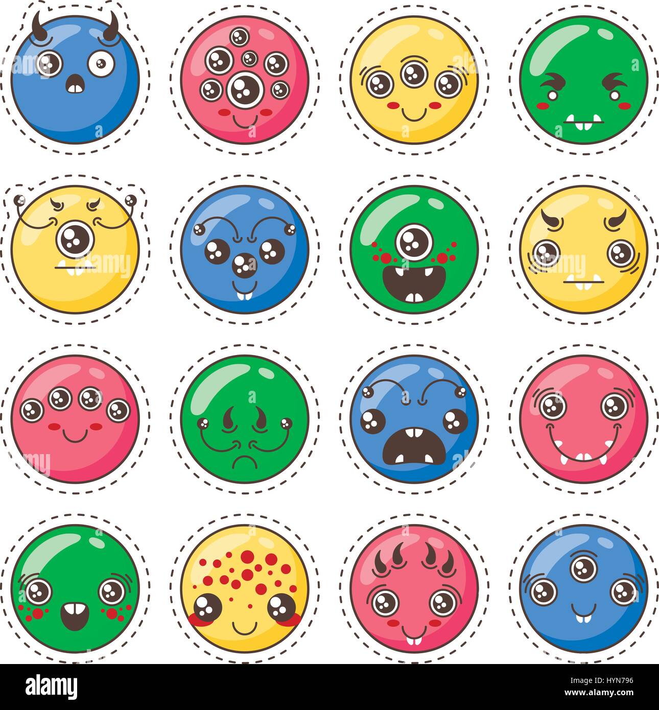 Set of cute lovely kawaii emoticon. Sticker collection Stock Vector ...