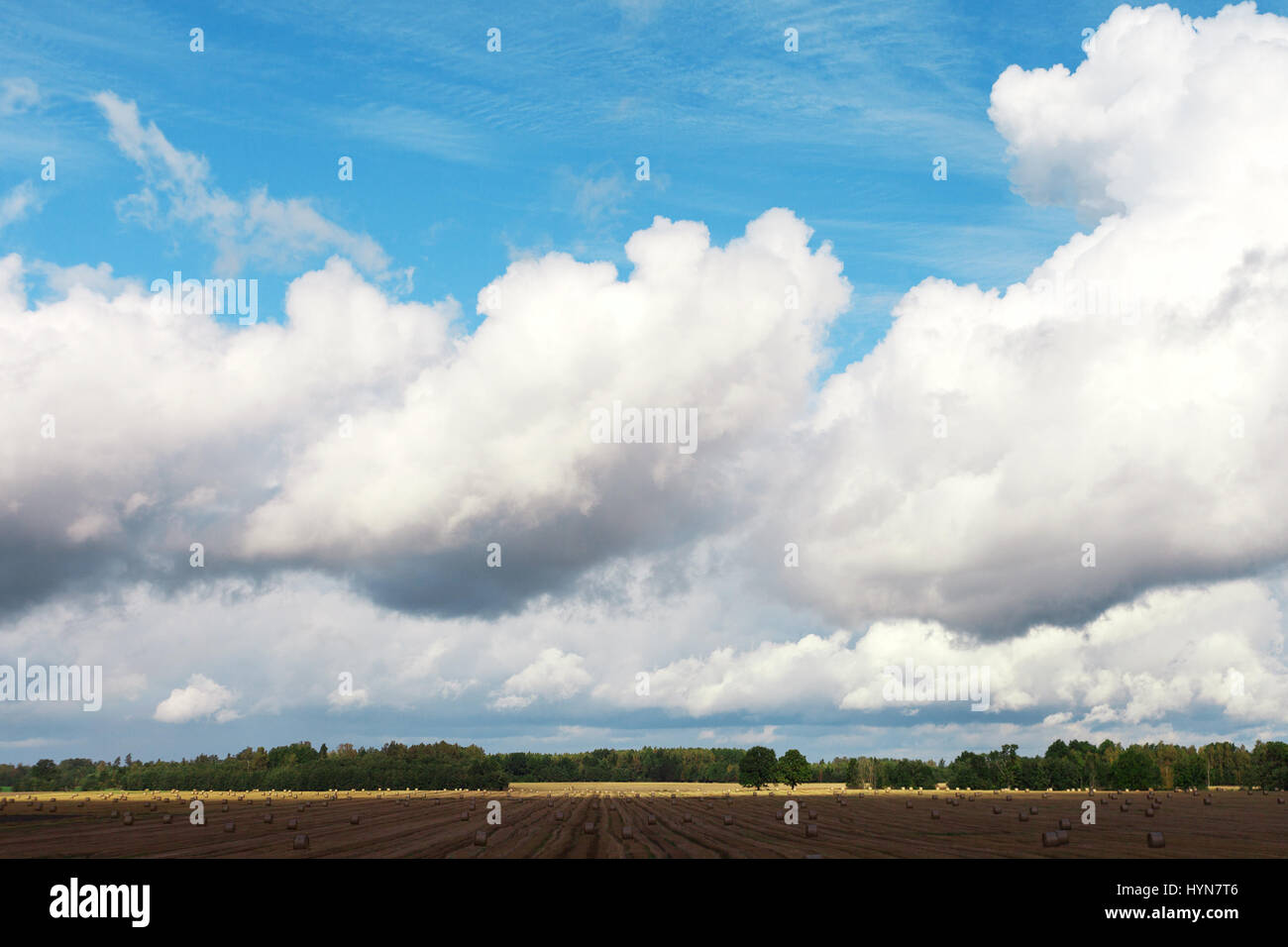 Cloudy sky over field in autumn Stock Photo - Alamy