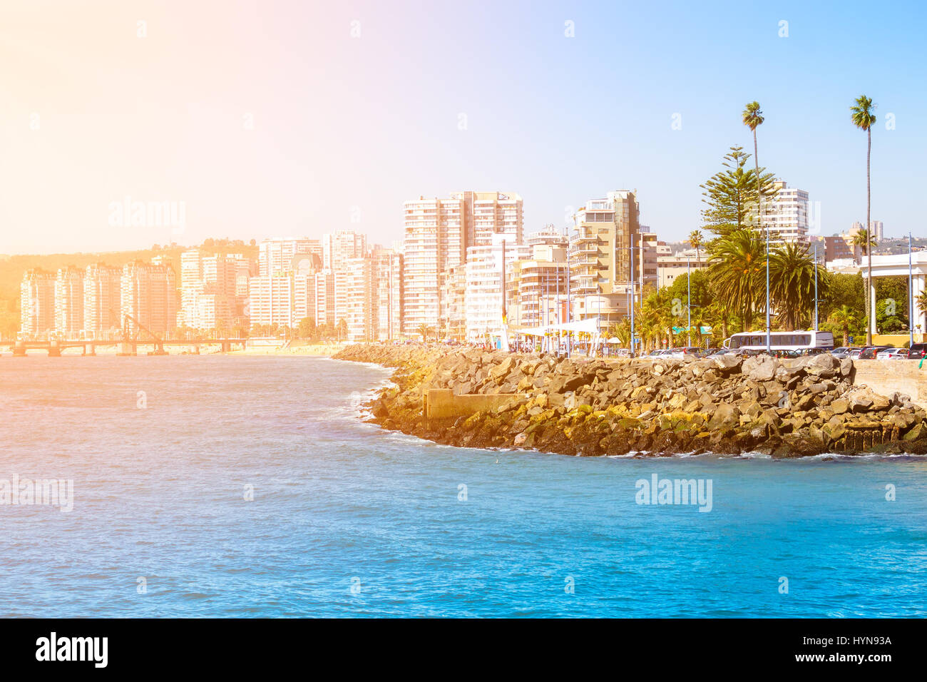 View to the lagoon with hotels and residential buildings in Vina del ...