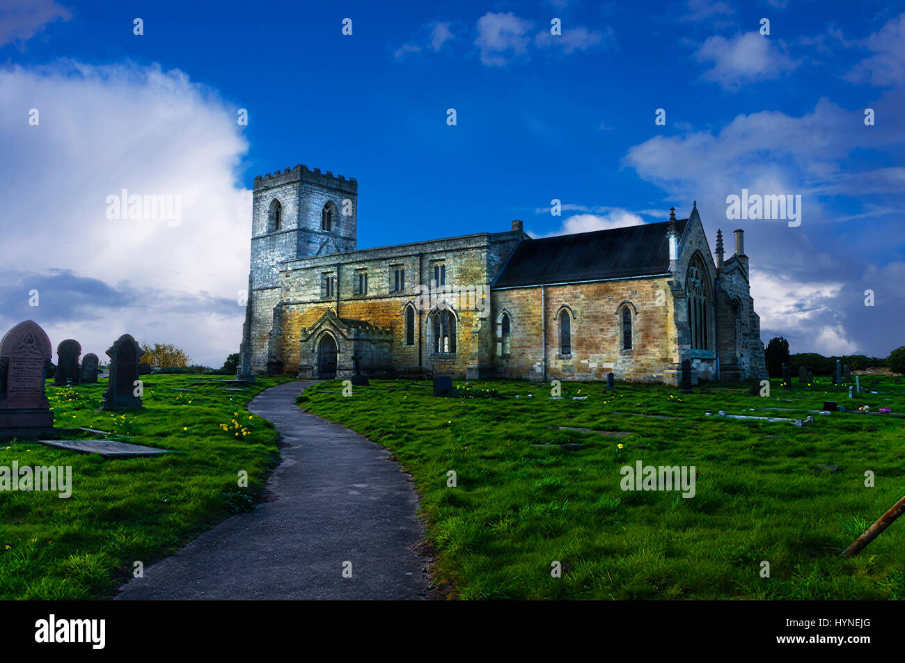 The old Church in Yorkshire, England. Panorama with old churchyard ...