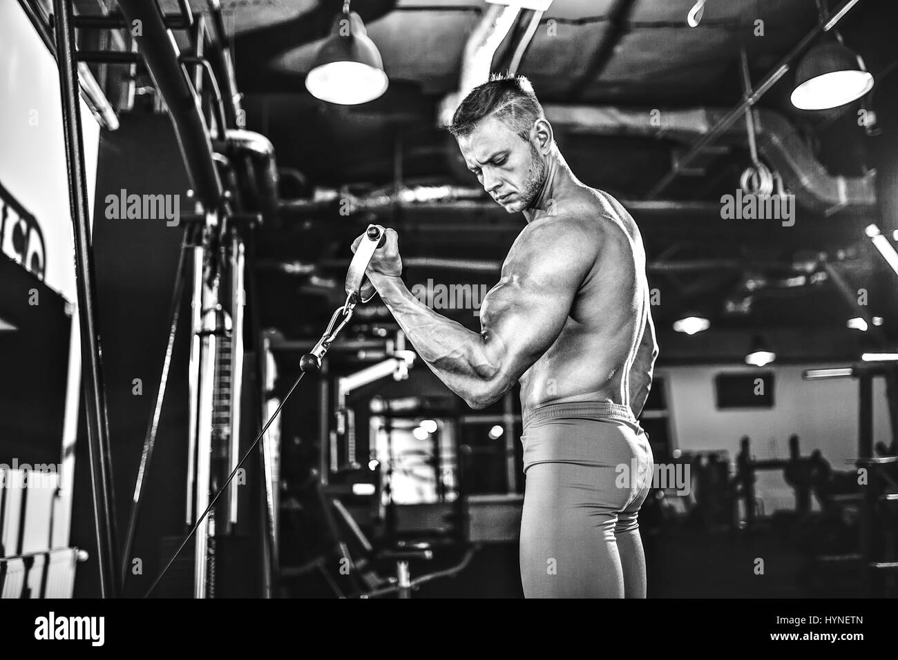 Male bodybuilder flexing his biceps Black and White Stock Photos ...