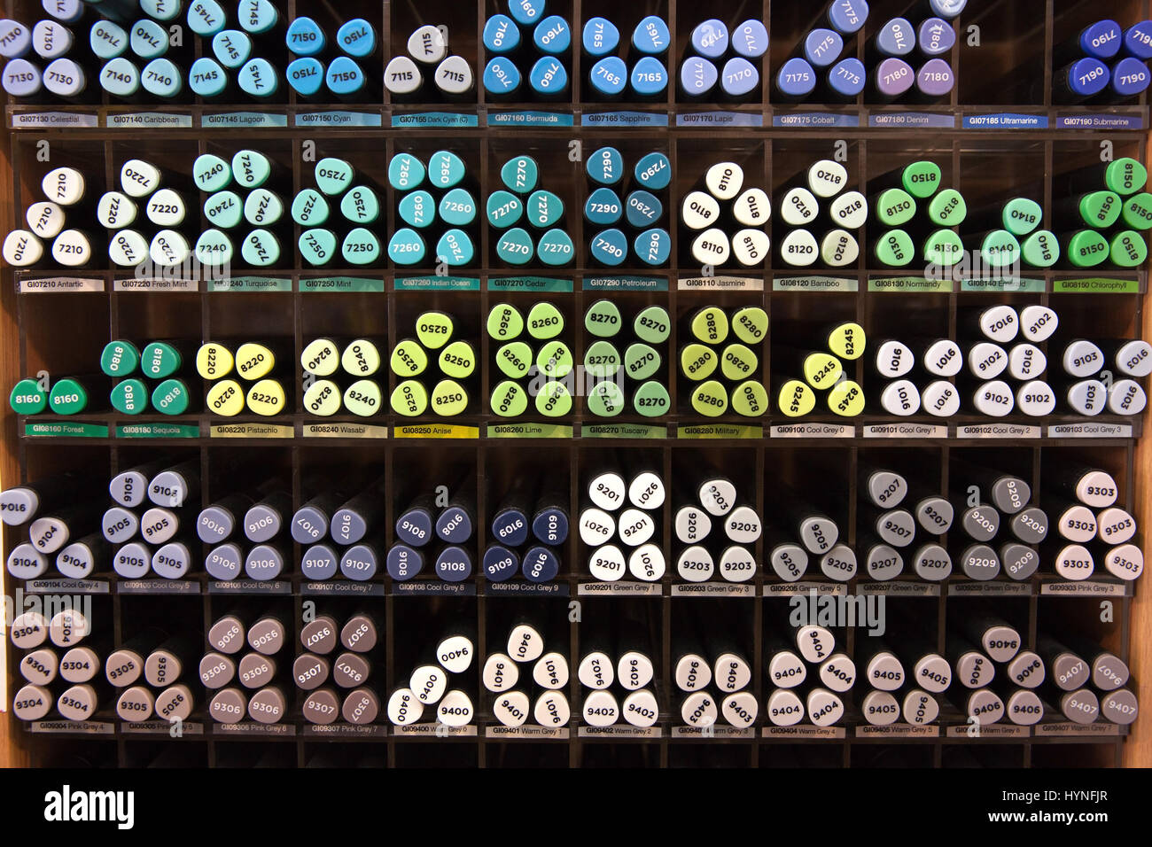 Multicolored drawing materials stored in a store Stock Photo - Alamy