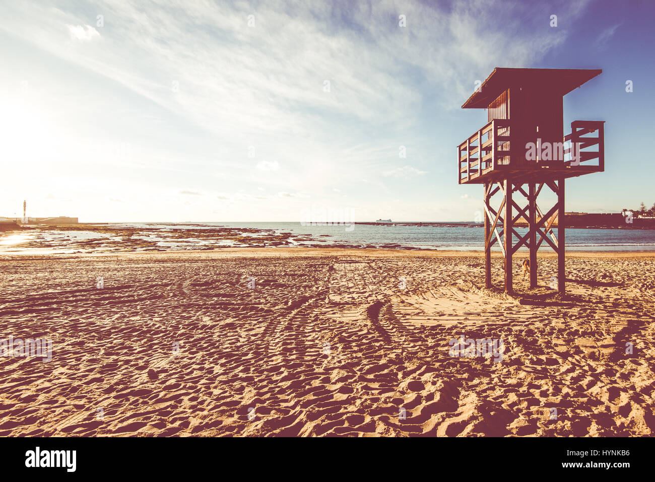 Lifeguard baywatch tower on the sandy beach, filtered effect Stock ...