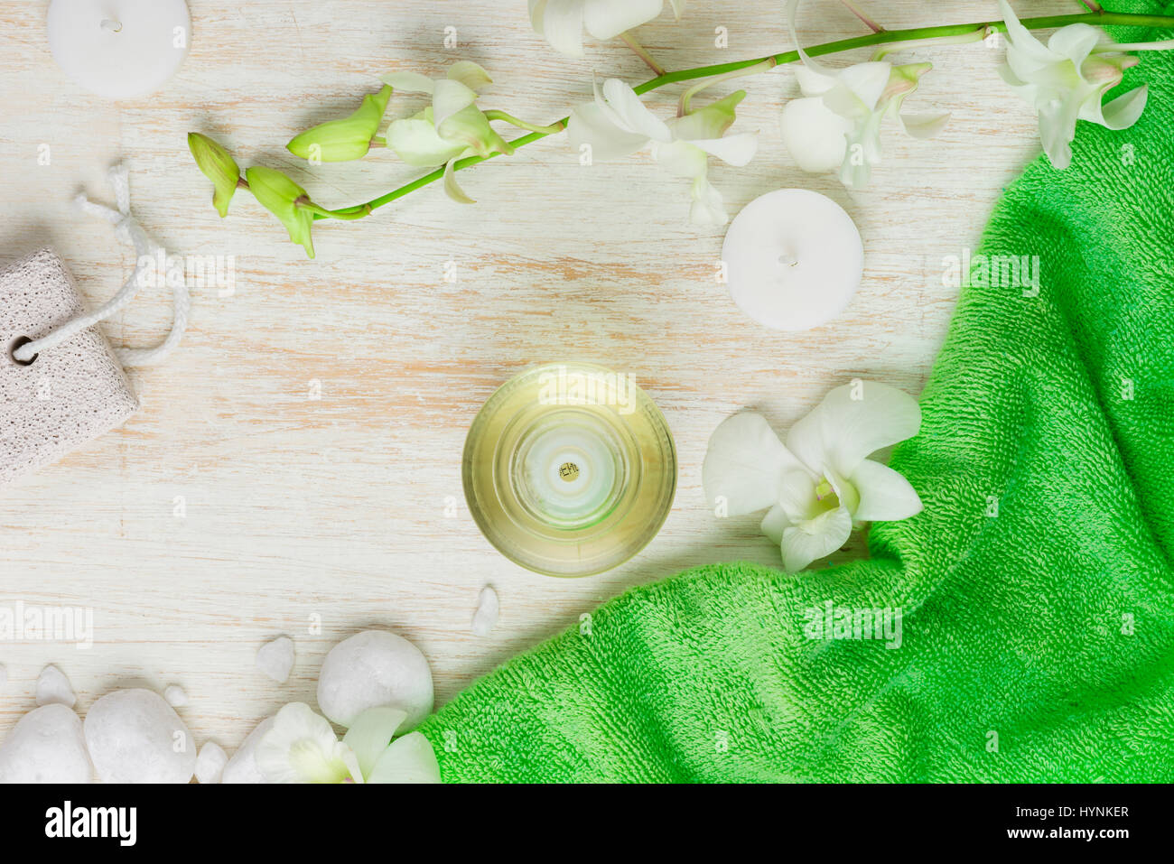 Spa settings. Various items used in spa treatments on white wooden ...