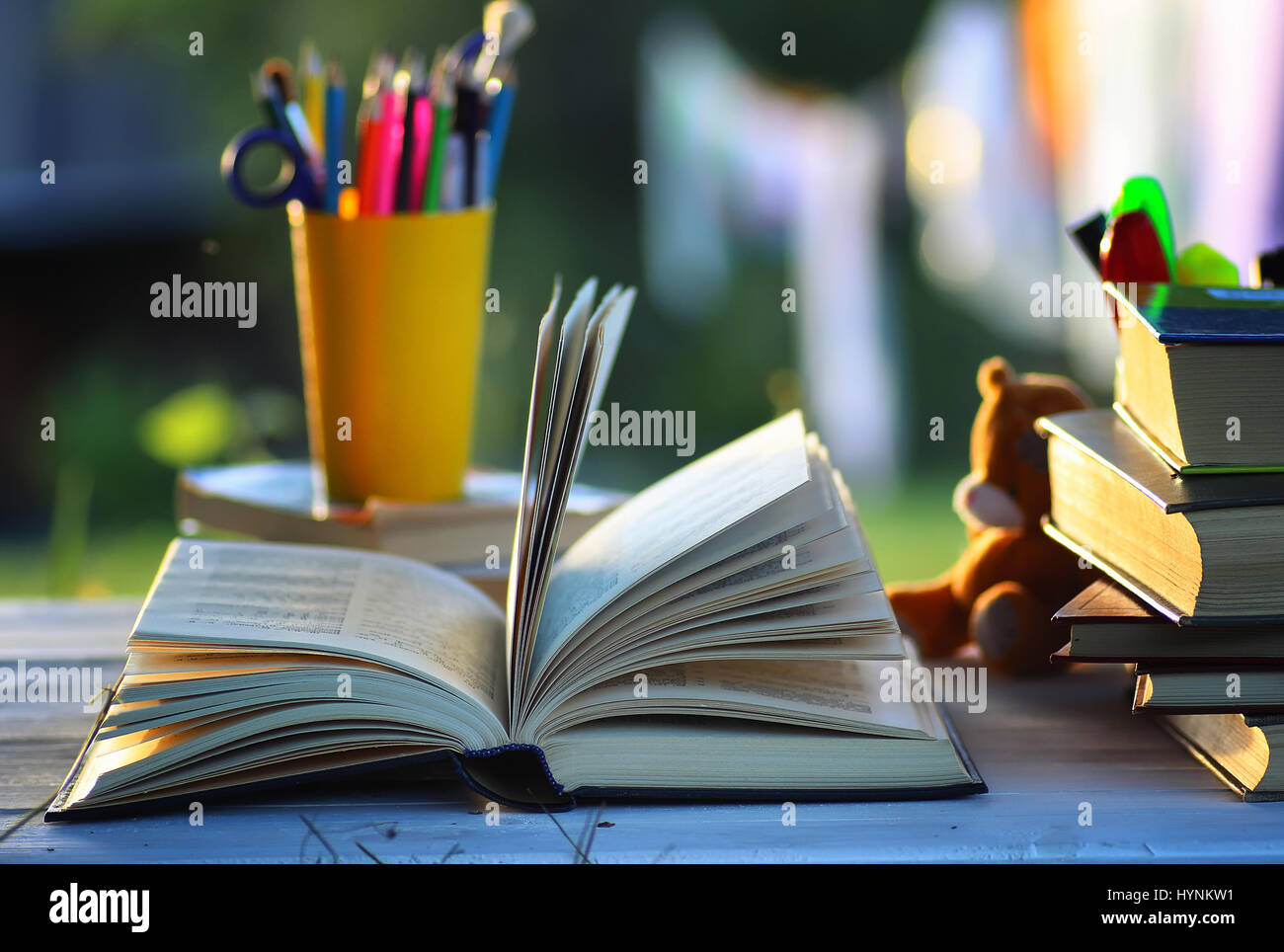 educaion back school book stack page outdoor Stock Photo - Alamy