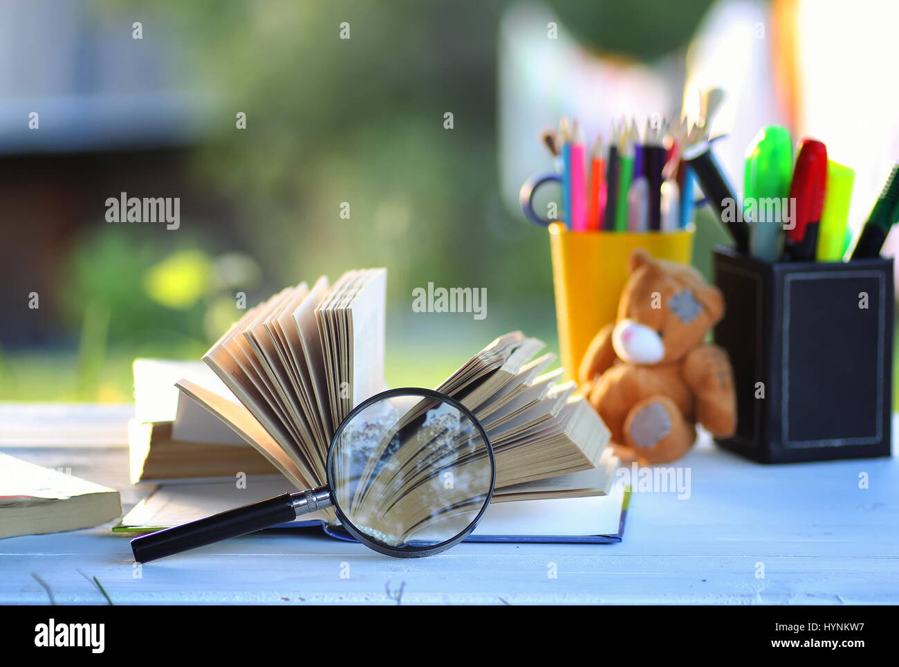 educaion back school book stack page outdoor Stock Photo - Alamy