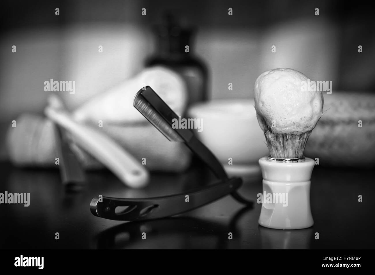 Straight razor shaving brush Black and White Stock Photos & Images - Alamy