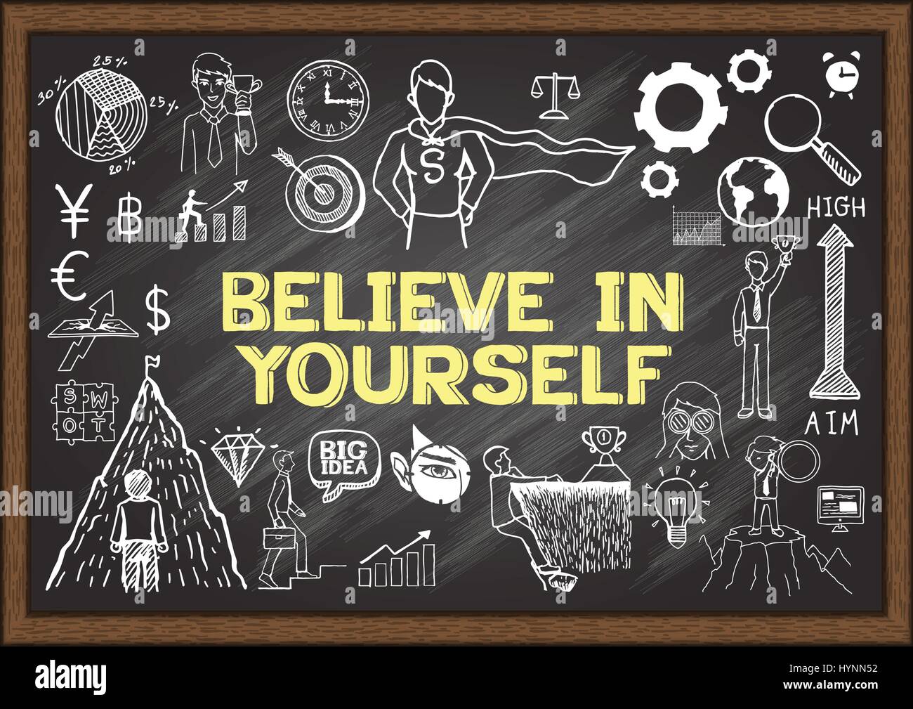 Hand drawn icons about BELIEVE IN YOURSELF on chalkboard. Vector ...