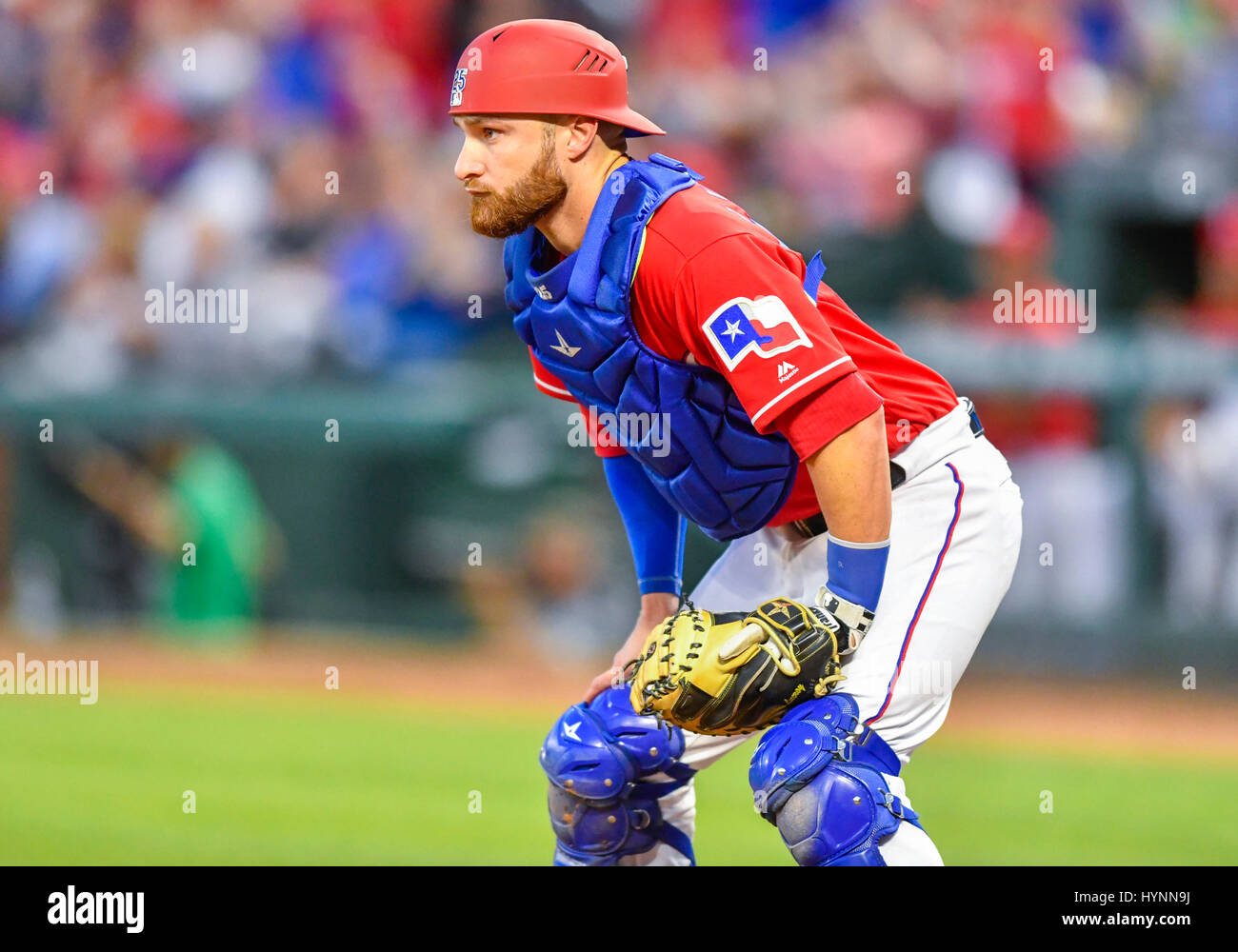 APR 03, 2017: Texas Rangers catcher Jonathan Lucroy #25 awaits a play ...