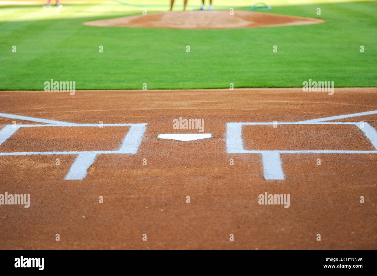 APR 03, 2017: Ground crew prepare home plate before an MLB Opening Day ...