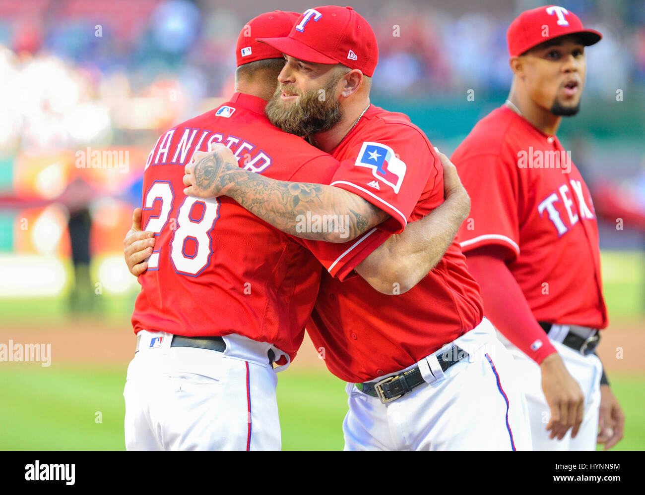 APR 03, 2017: Texas Rangers first baseman Mike Napoli #5 greets Texas ...