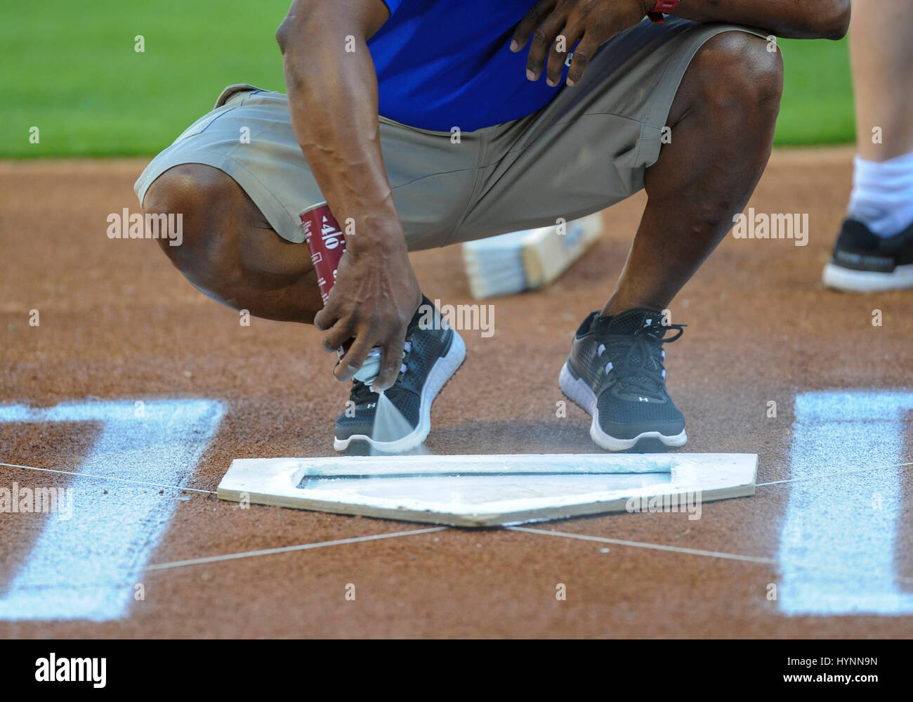 APR 03, 2017: Ground crew prepare home plate before an MLB Opening Day ...