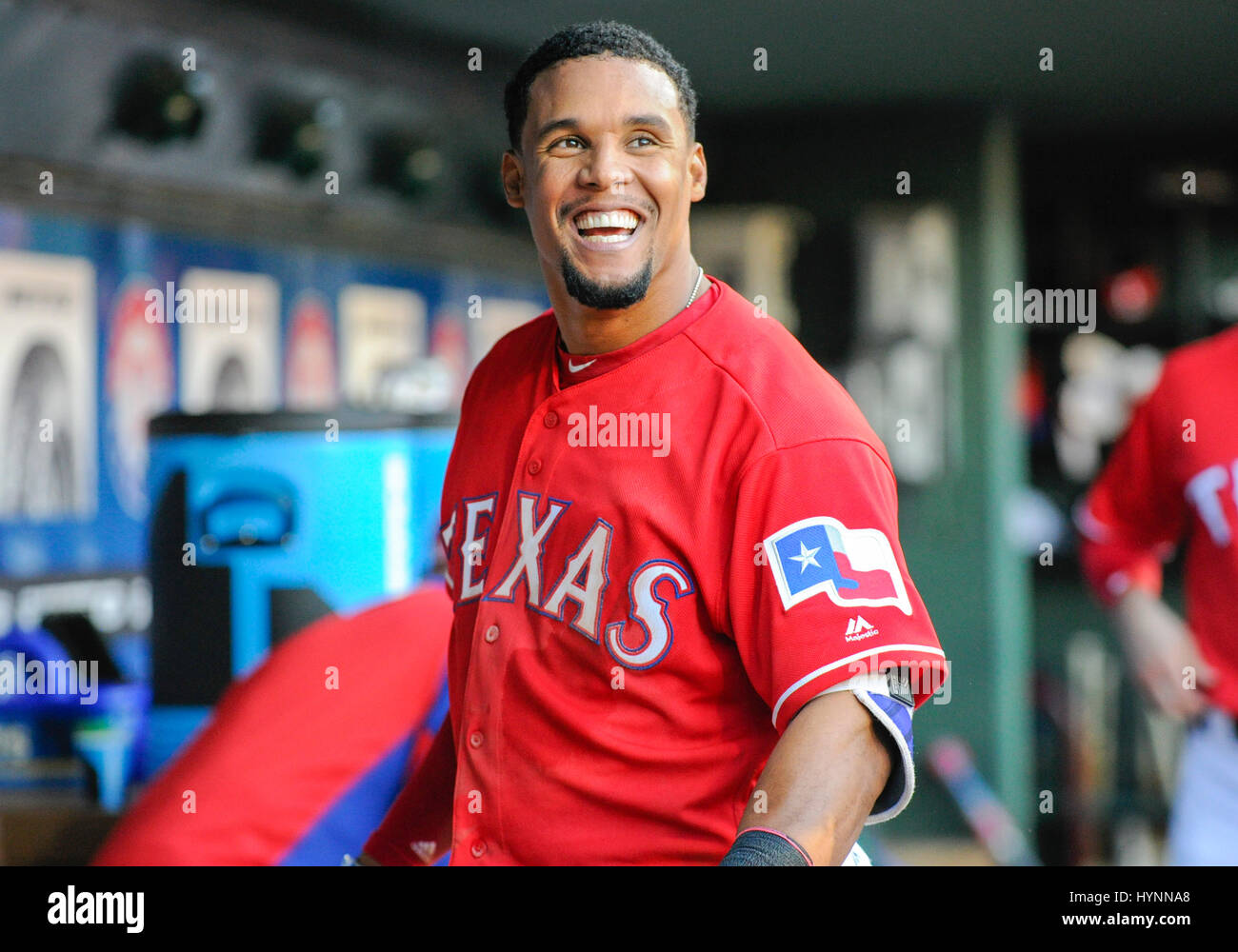 APR 03, 2017: Texas Rangers center fielder Carlos Gomez #14 smiles in ...