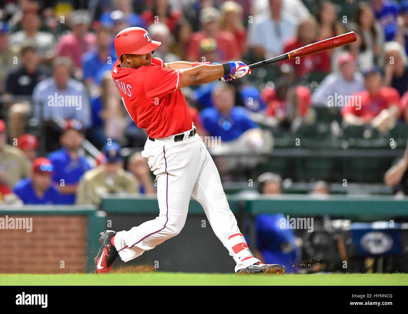 APR 03, 2017: Texas Rangers shortstop Elvis Andrus #1 hits a triple in ...