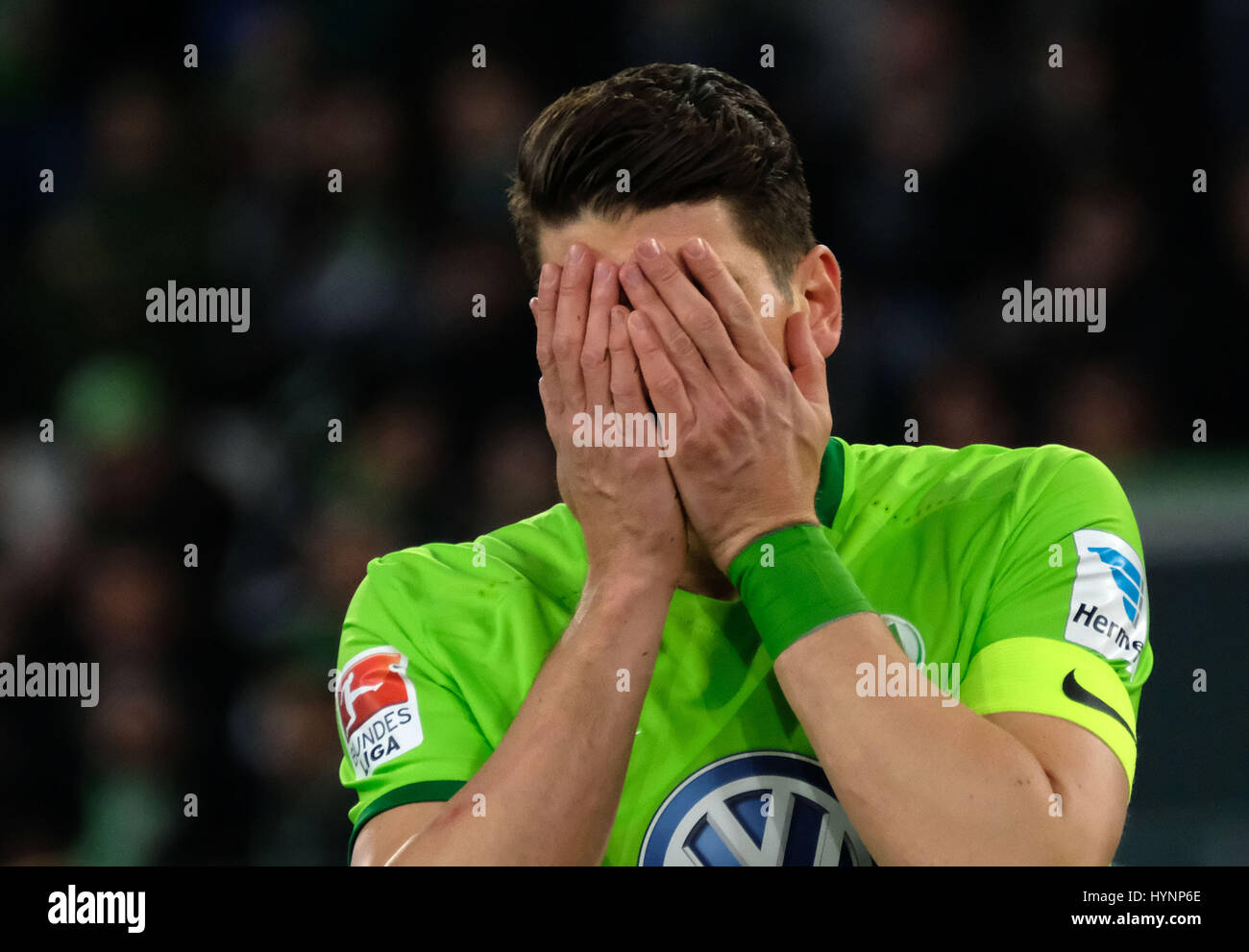 Wolfsburg, Germany. 05th Apr, 2017. Wolfsburg's Mario Gomez reacts ...