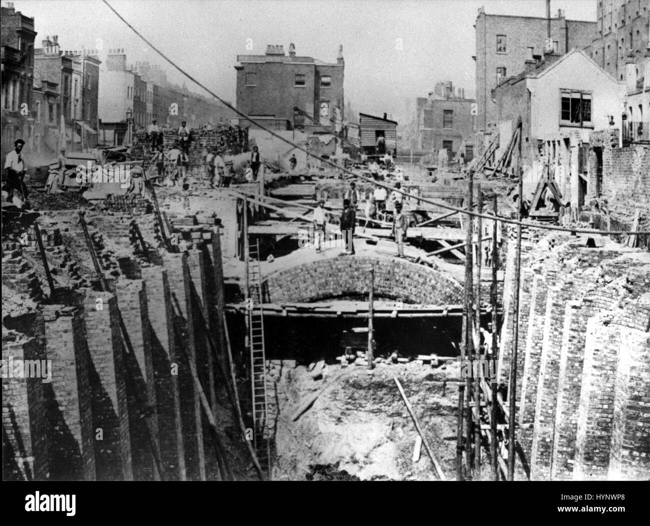 1863 - Photo shows Construction site showing ''cut and cover method ...