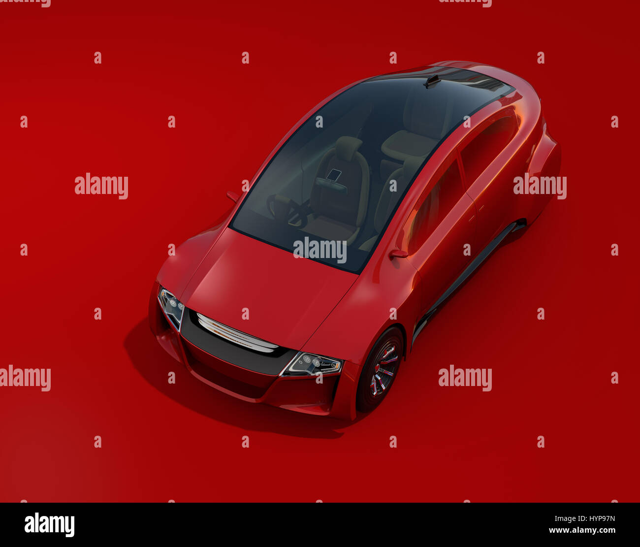 Metallic red autonomous vehicle on dark red background. 3D rendering ...