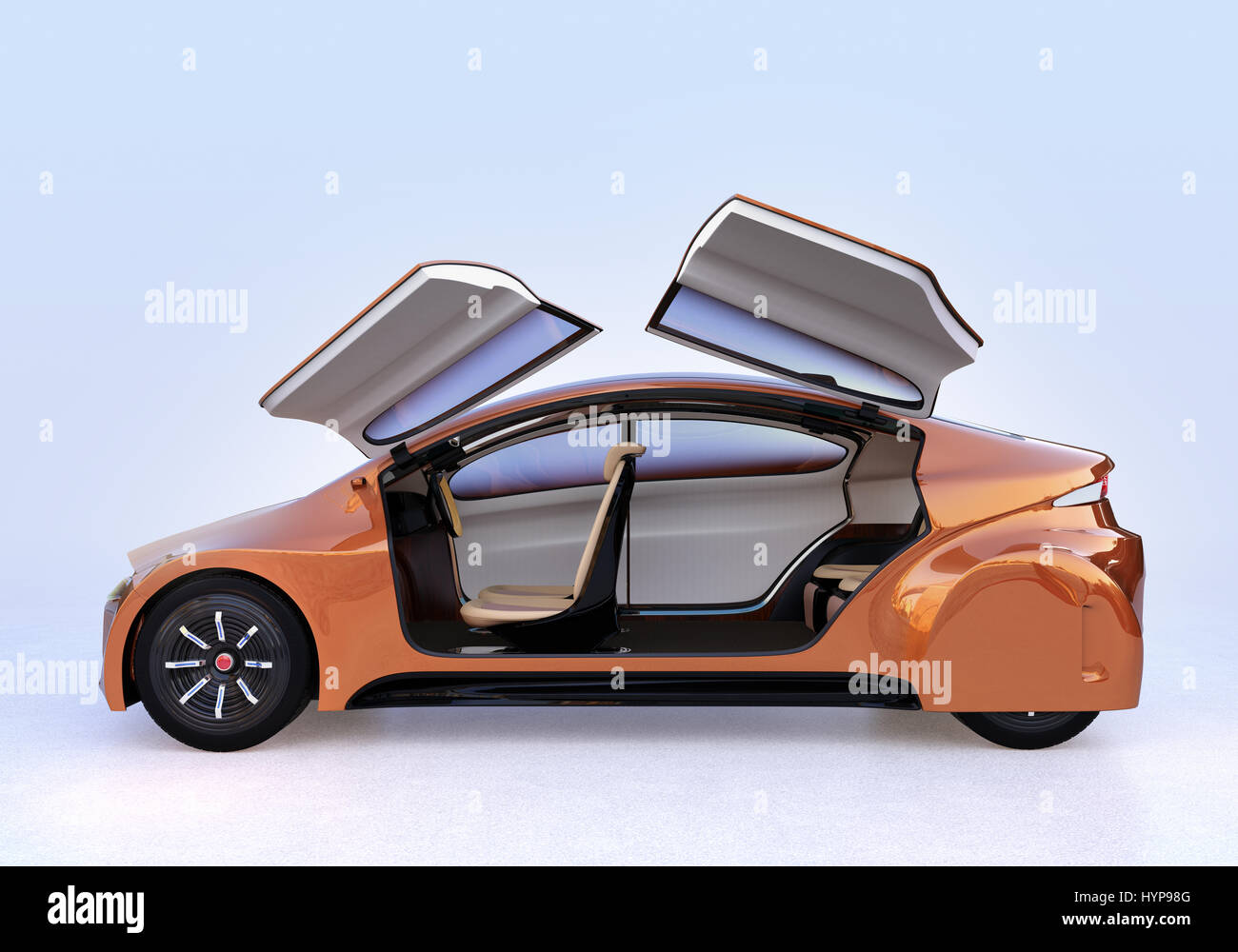 Side view of golden autonomous vehicle on light blue background. 3D ...