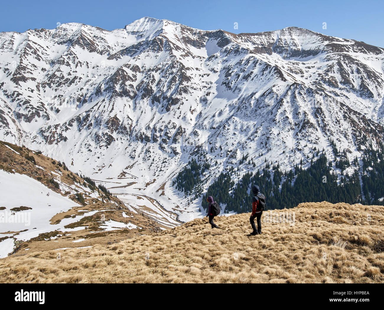 Family hiking into the rocky mountains at springtime Stock Photo - Alamy