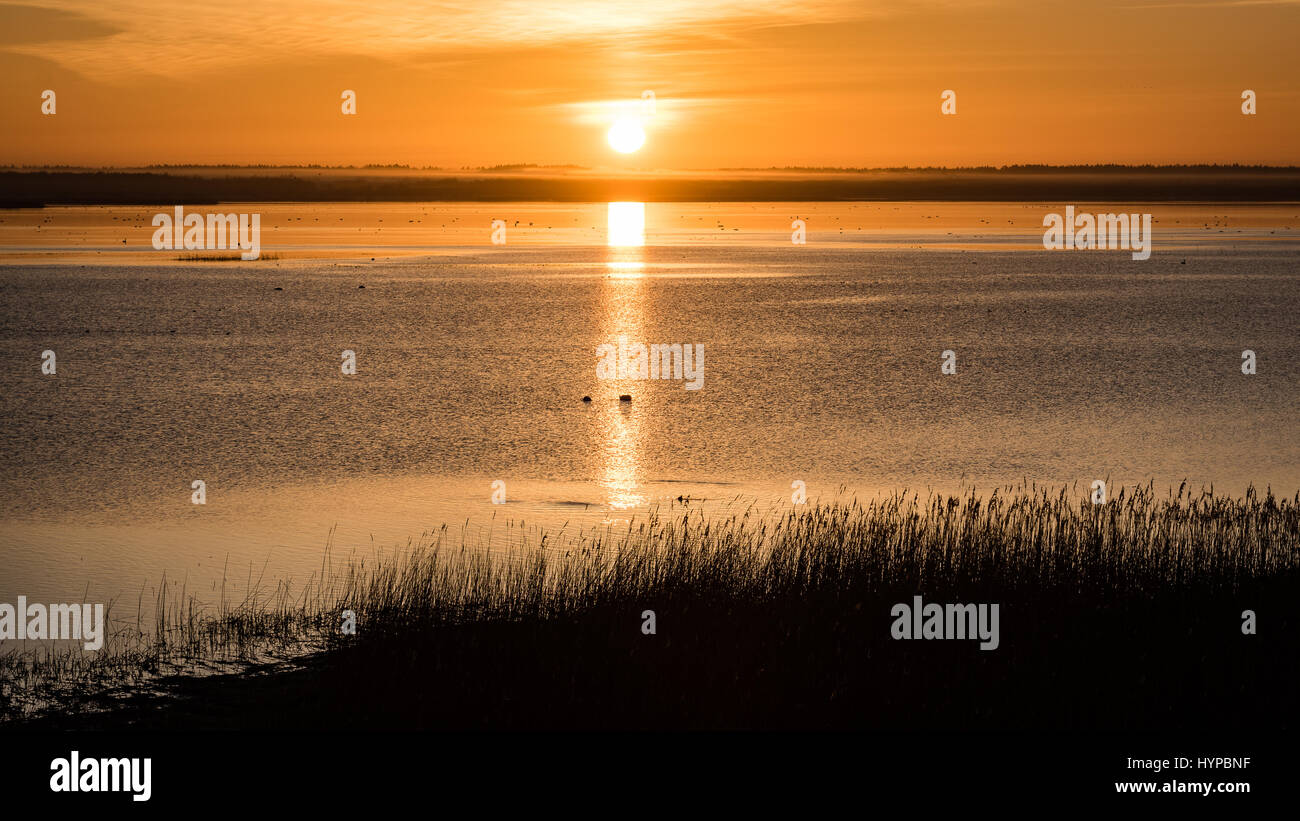 beautiful sunrise over country lake with orange clouds and reflections ...