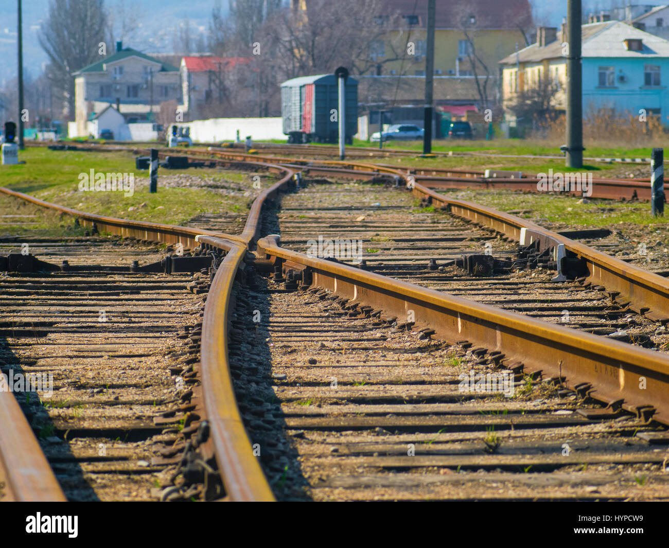 A lot of rails at the old railway station Stock Photo - Alamy