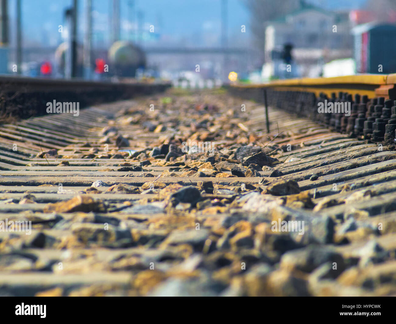 The rails and stones on the railway close up Stock Photo - Alamy