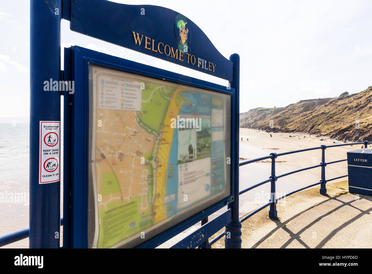 Welcome to Filey welcome sign on beach at Filey town Yorkshire coast UK ...