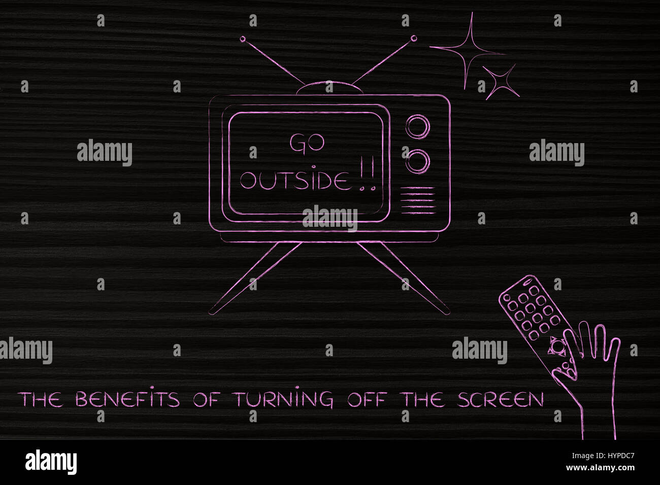 television screen with message Go Outside and hand holding remote ...