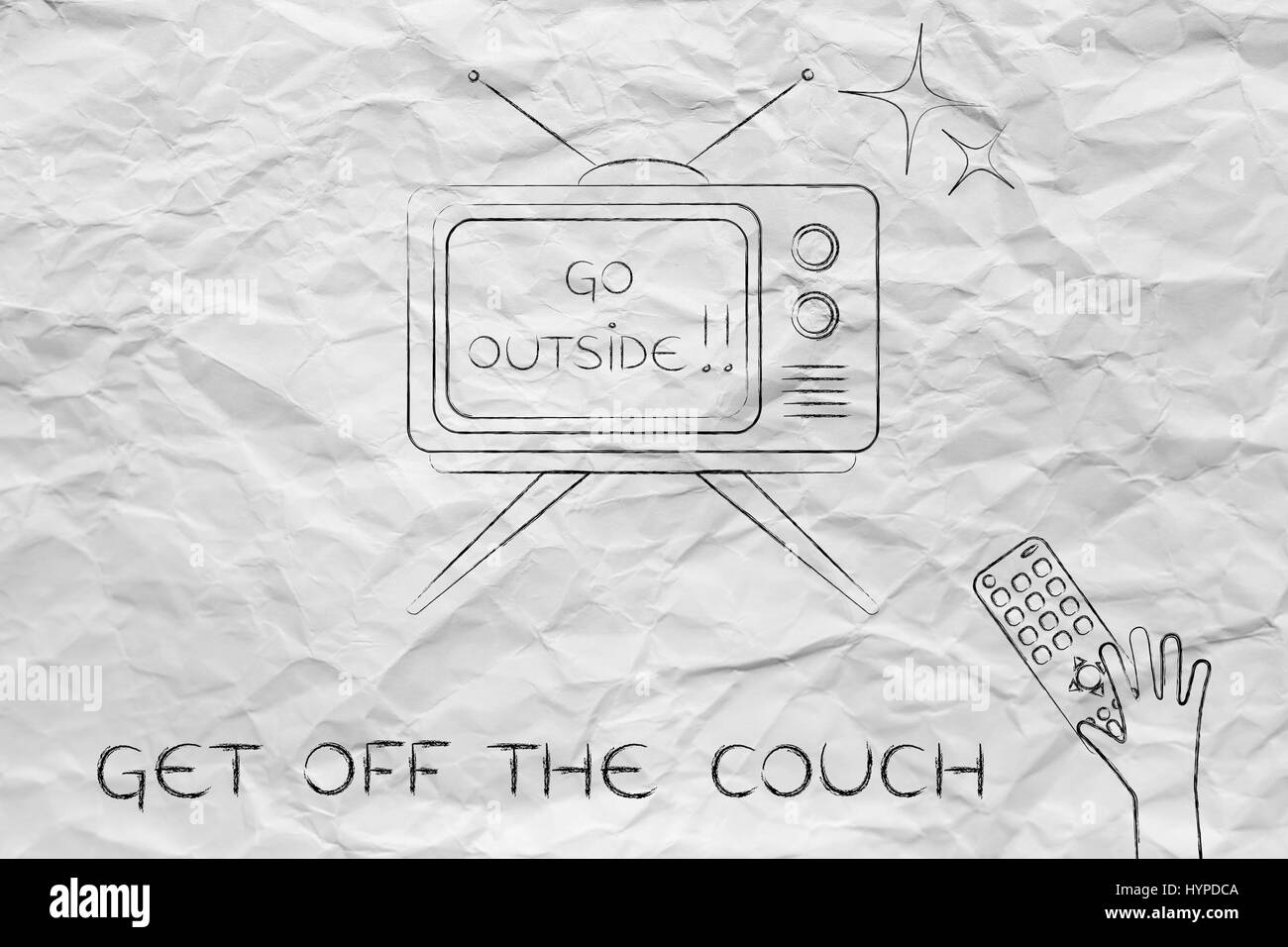 television screen with message Go Outside and hand holding remote ...